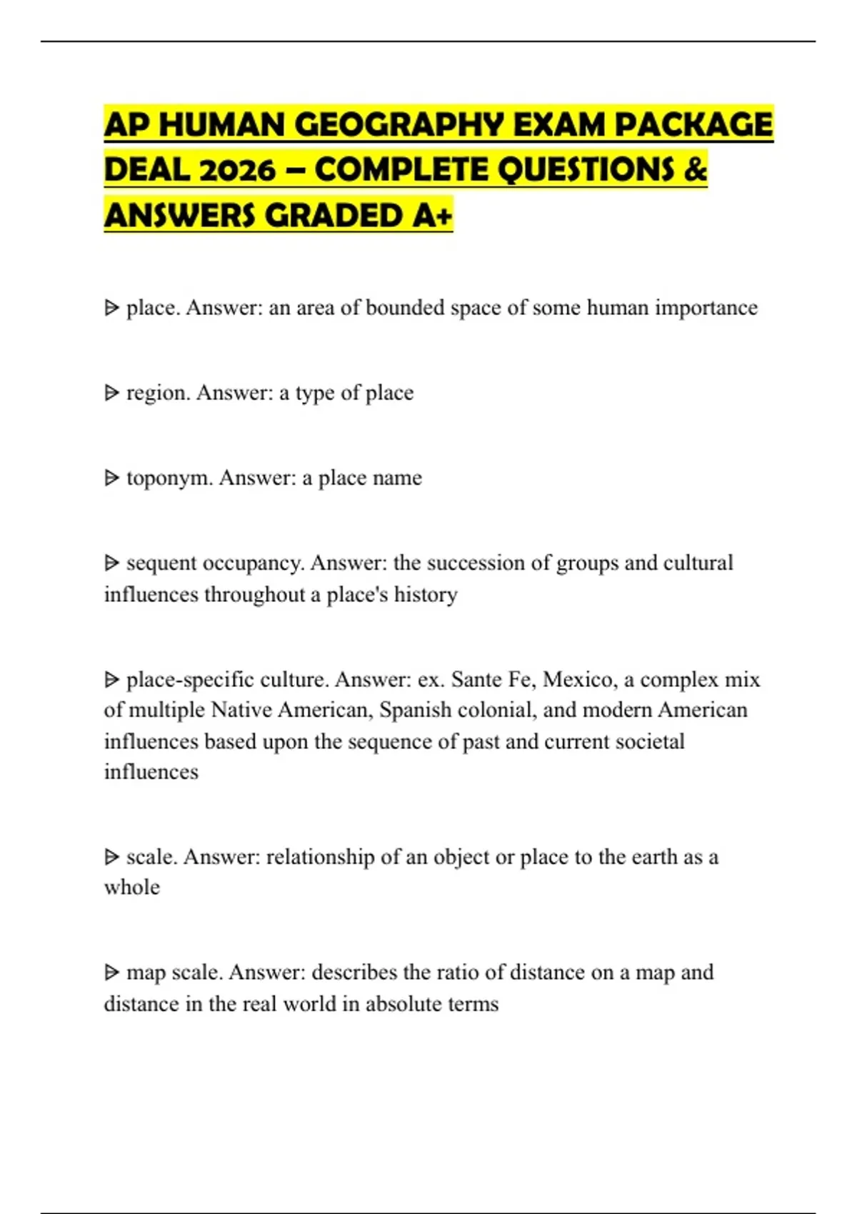 AP HUMAN GEOGRAPHY FULL EXAM BUNDLE 2026 WITH VERIFIED QUESTIONS AND ...