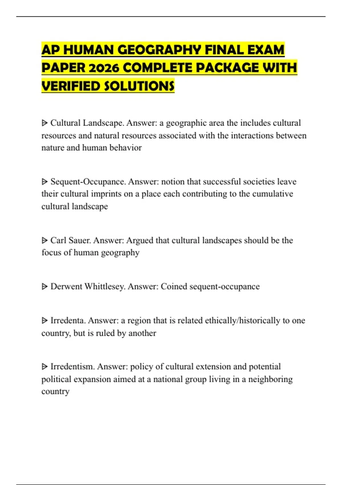 AP HUMAN GEOGRAPHY FINAL EXAM PAPER 2026 COMPLETE PACKAGE WITH VERIFIED ...