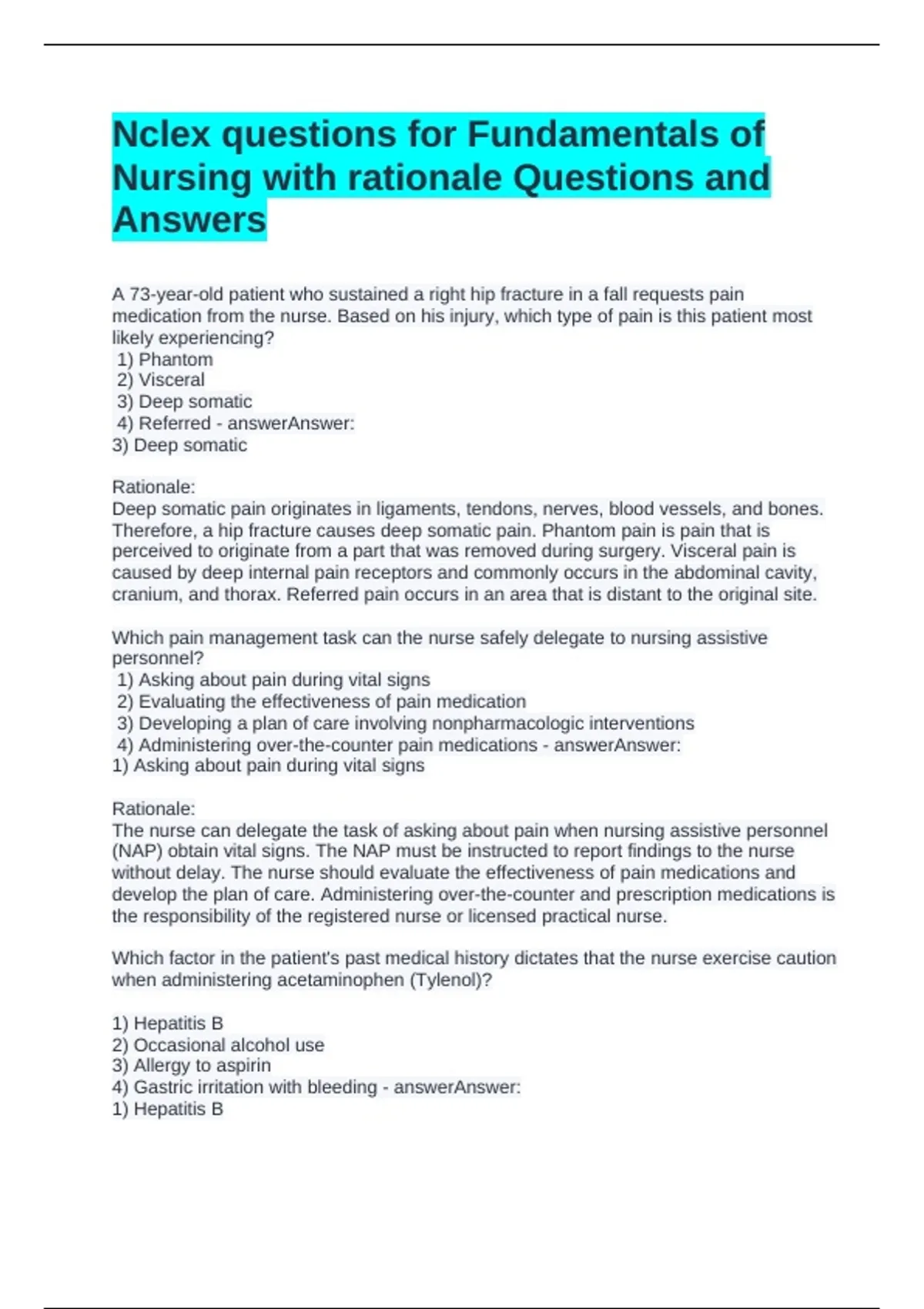 Nclex questions for Fundamentals of Nursing with rationale Questions ...