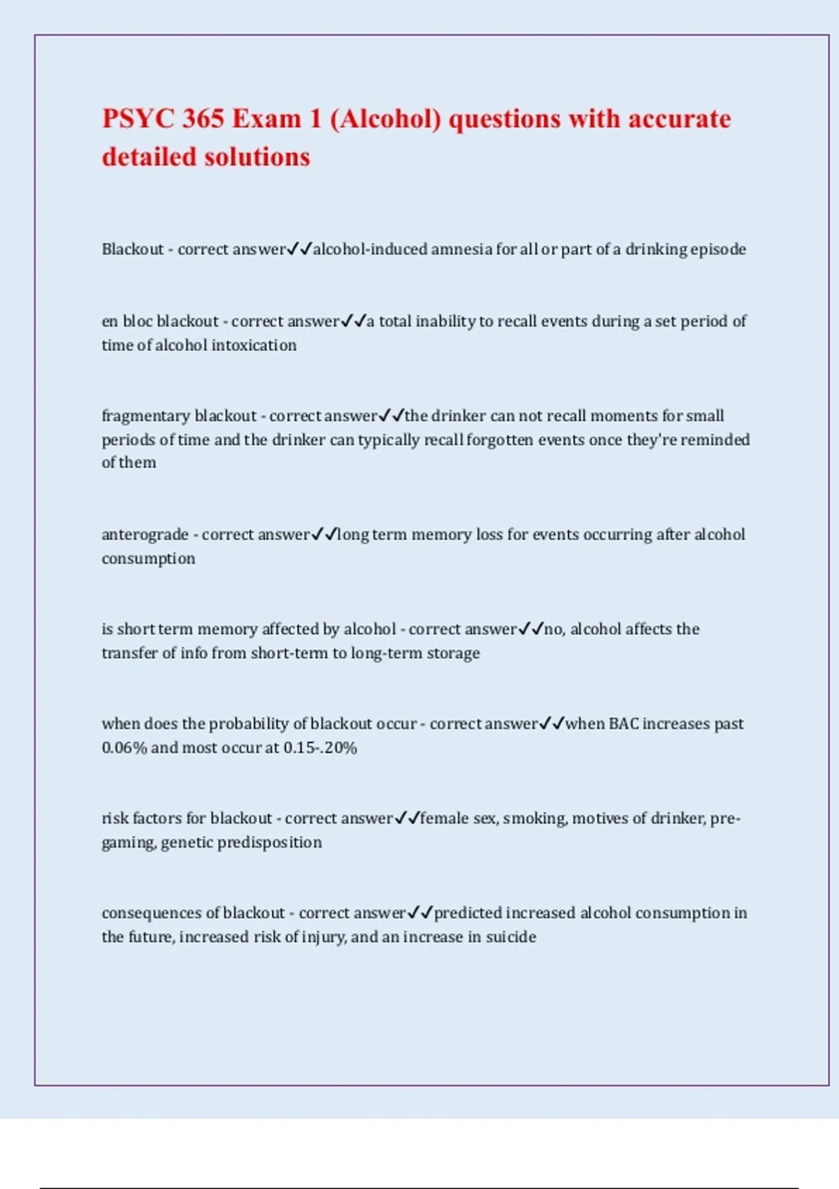 PSYC 365 Exam 1 (Alcohol) questions with accurate detailed solutions ...