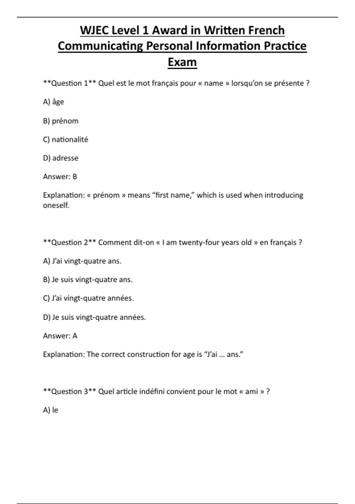 WJEC Level 1 Award in Written French Communicating Personal Information ...