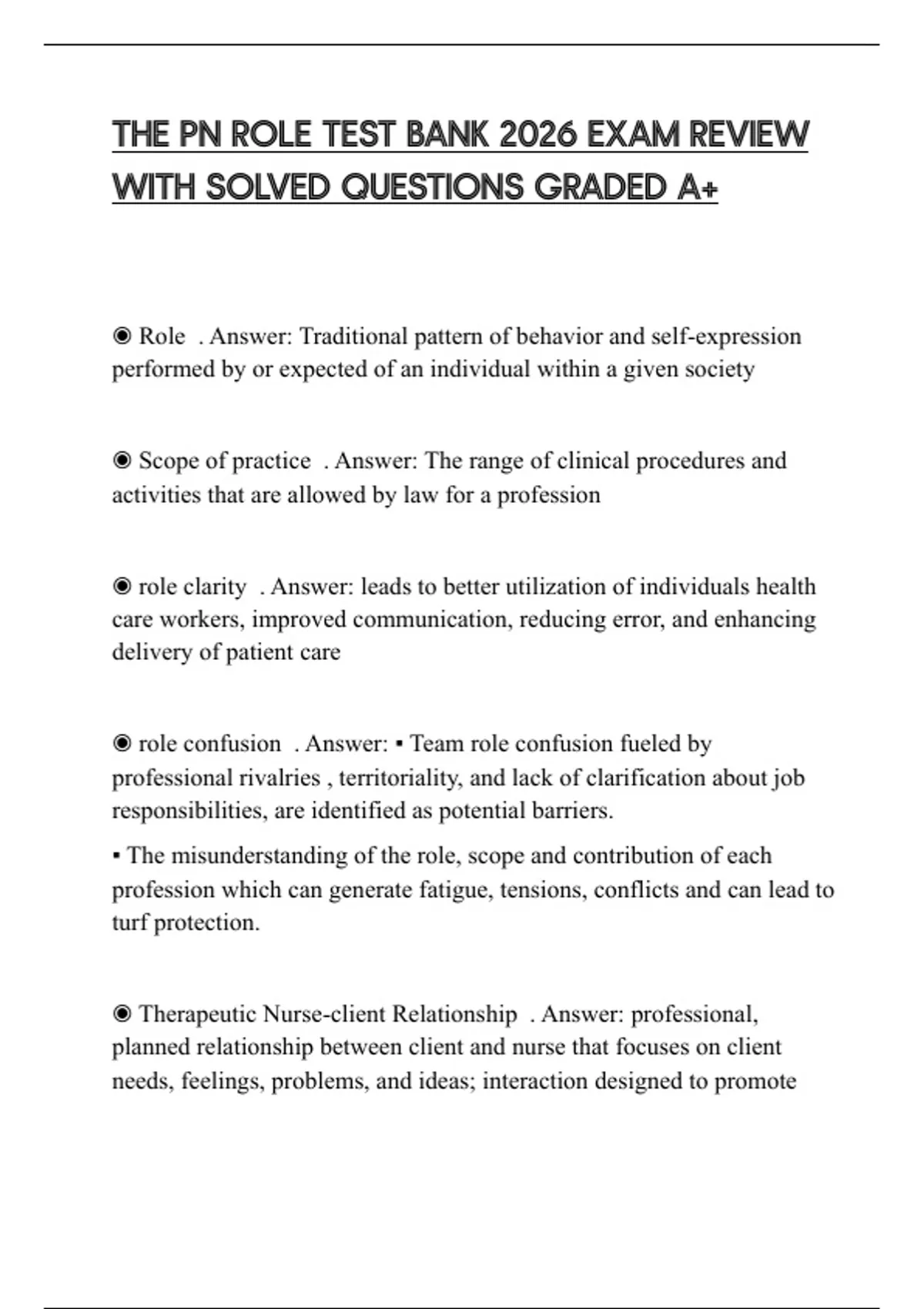 THE PN ROLE TEST BANK 2026 EXAM REVIEW WITH SOLVED QUESTIONS GRADED A+ ...