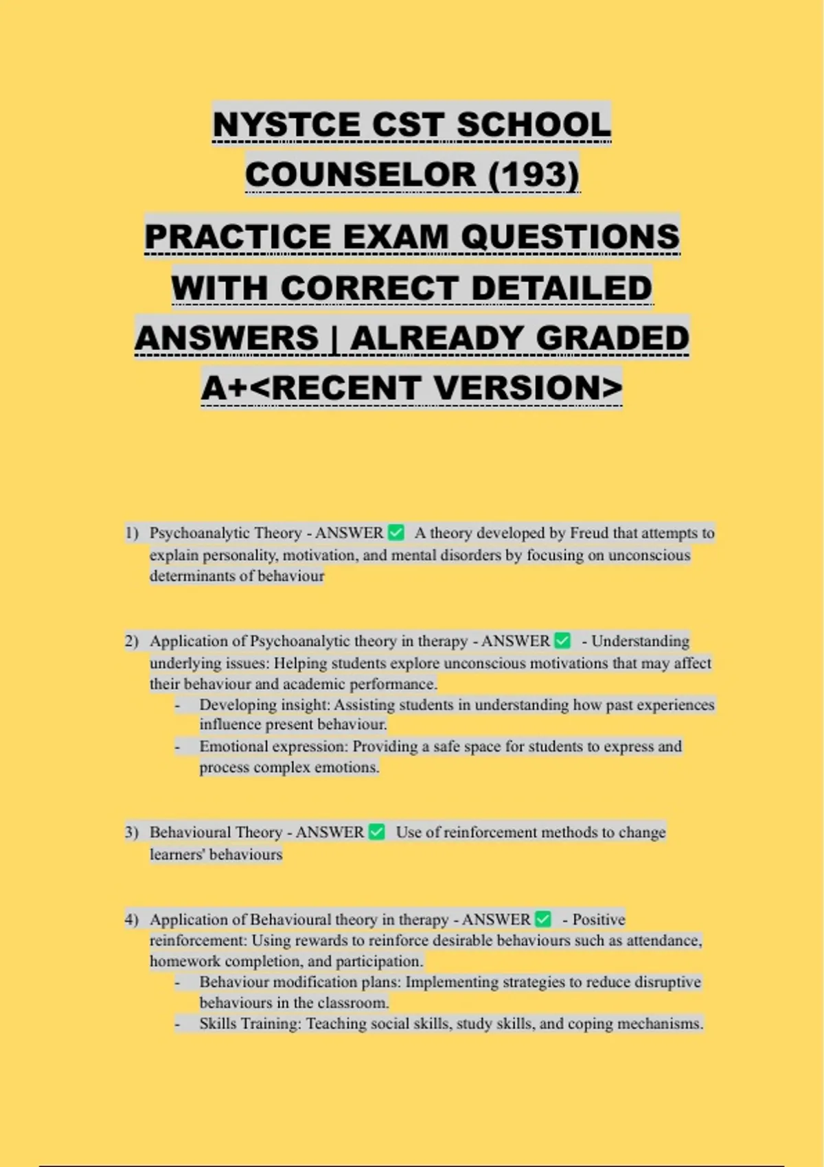 NYSTCE CST SCHOOL COUNSELOR (193) PRACTICE EXAM QUESTIONS WITH CORRECT ...