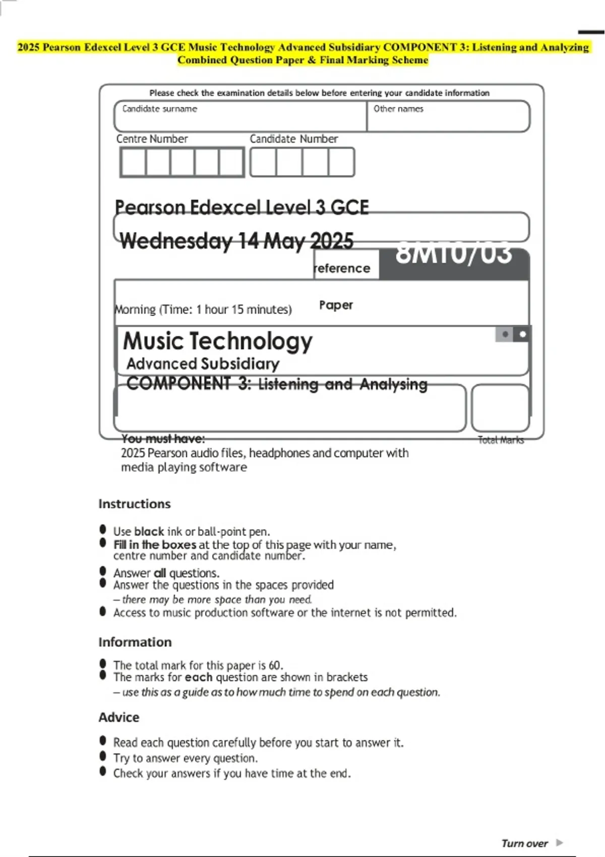 2025 Pearson Edexcel Level 3 GCE Music Technology Advanced Subsidiary ...
