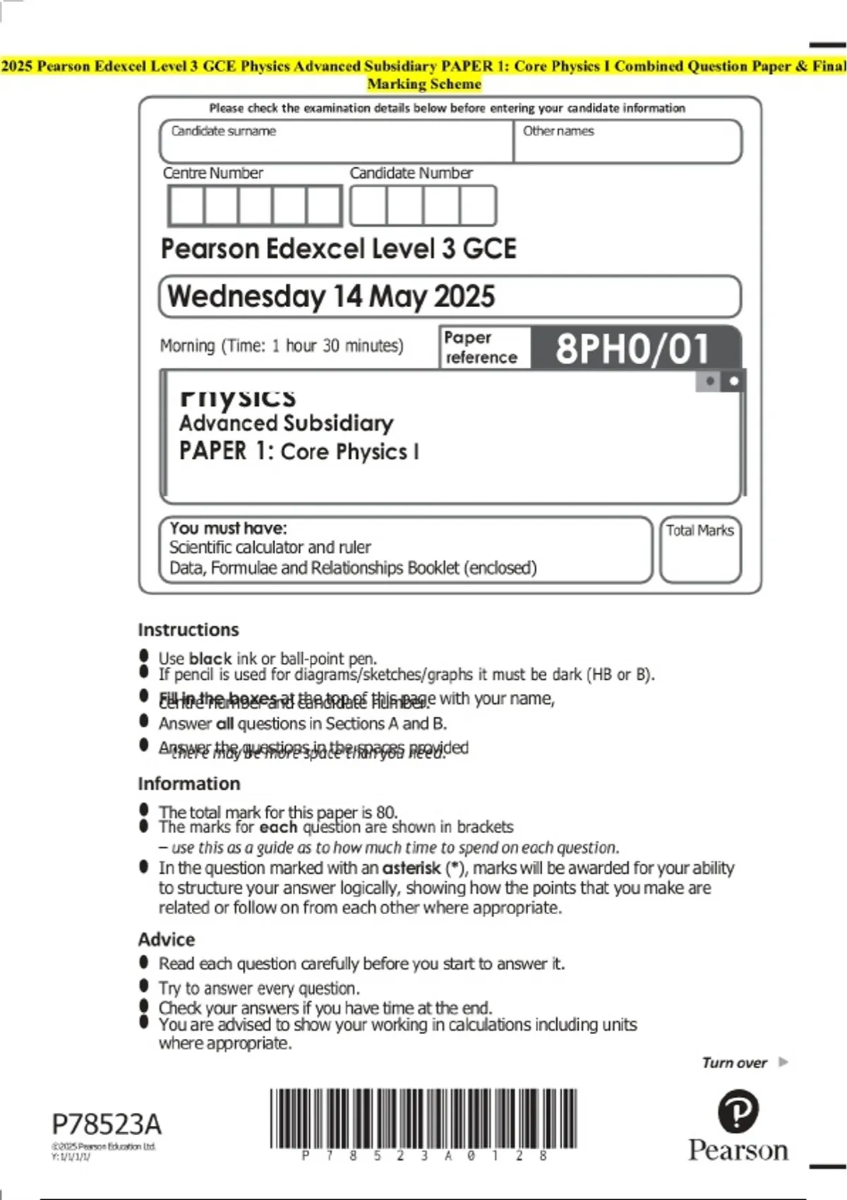 2025 Pearson Edexcel Level 3 GCE Physics Advanced Subsidiary PAPER 1 ...