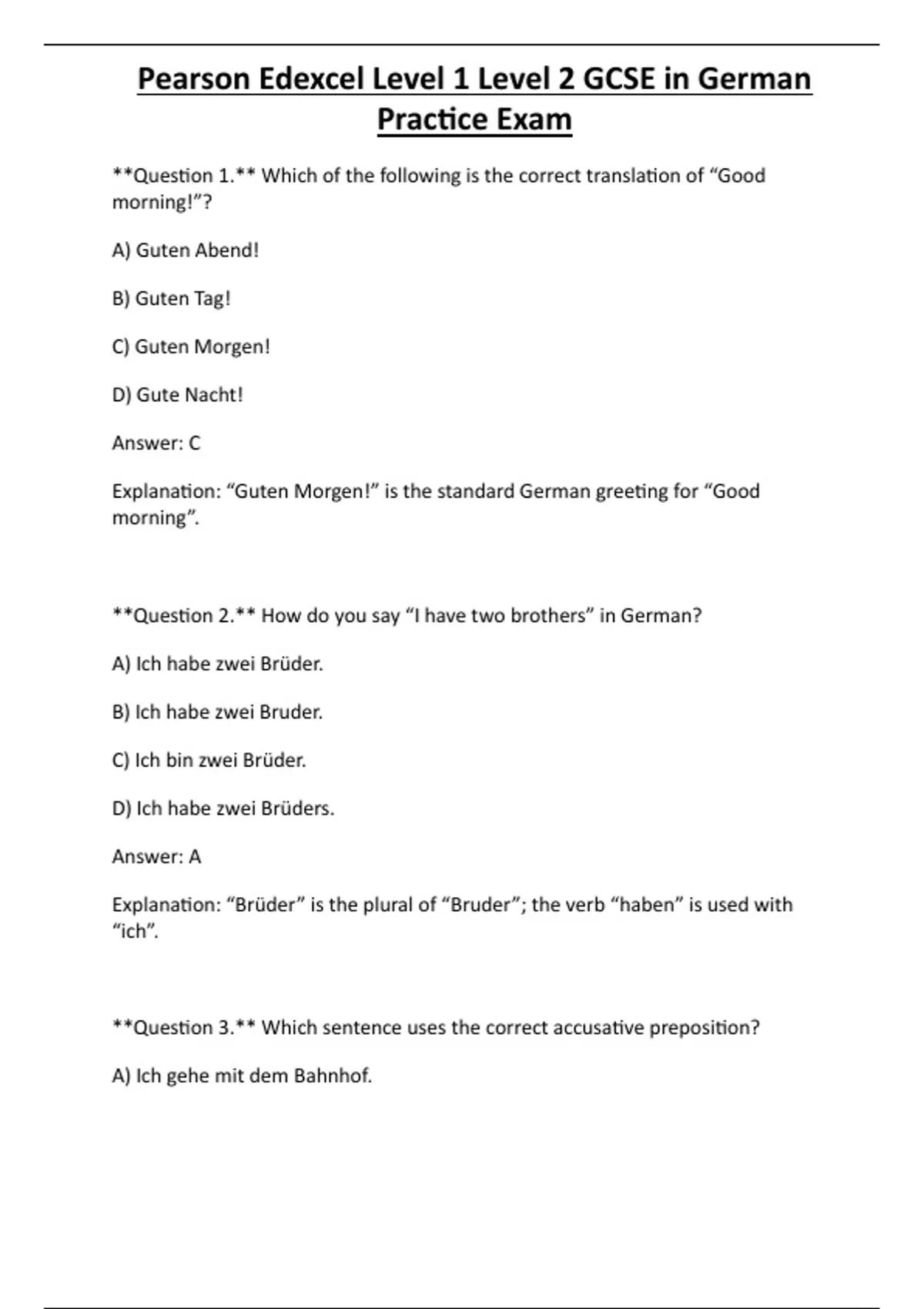 Pearson Edexcel Level 1 Level 2 GCSE in German Practice Exam - Computer ...