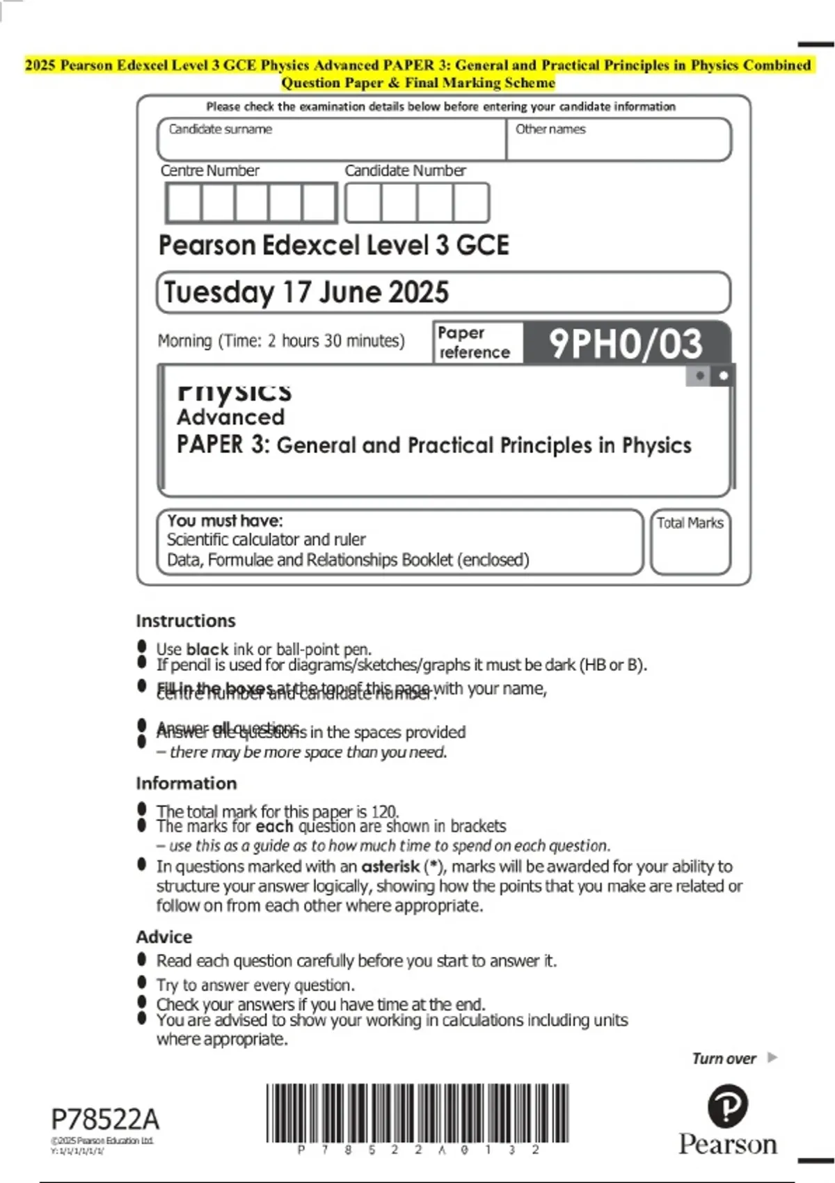 2025 Pearson Edexcel Level 3 GCE Physics Advanced PAPER 3: General and ...