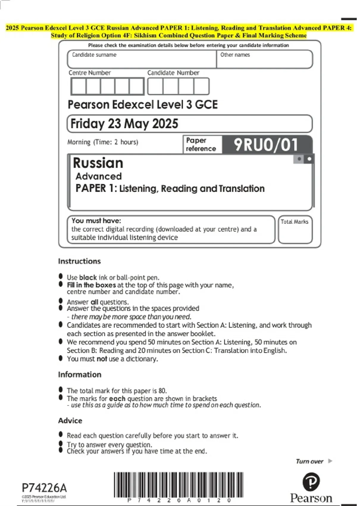 2025 Pearson Edexcel Level 3 GCE Russian Advanced PAPER 1: Listening ...