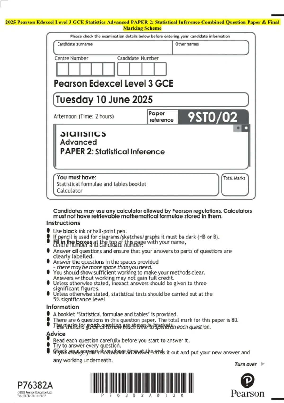 2025 Pearson Edexcel Level 3 GCE Statistics Advanced PAPER 2 ...
