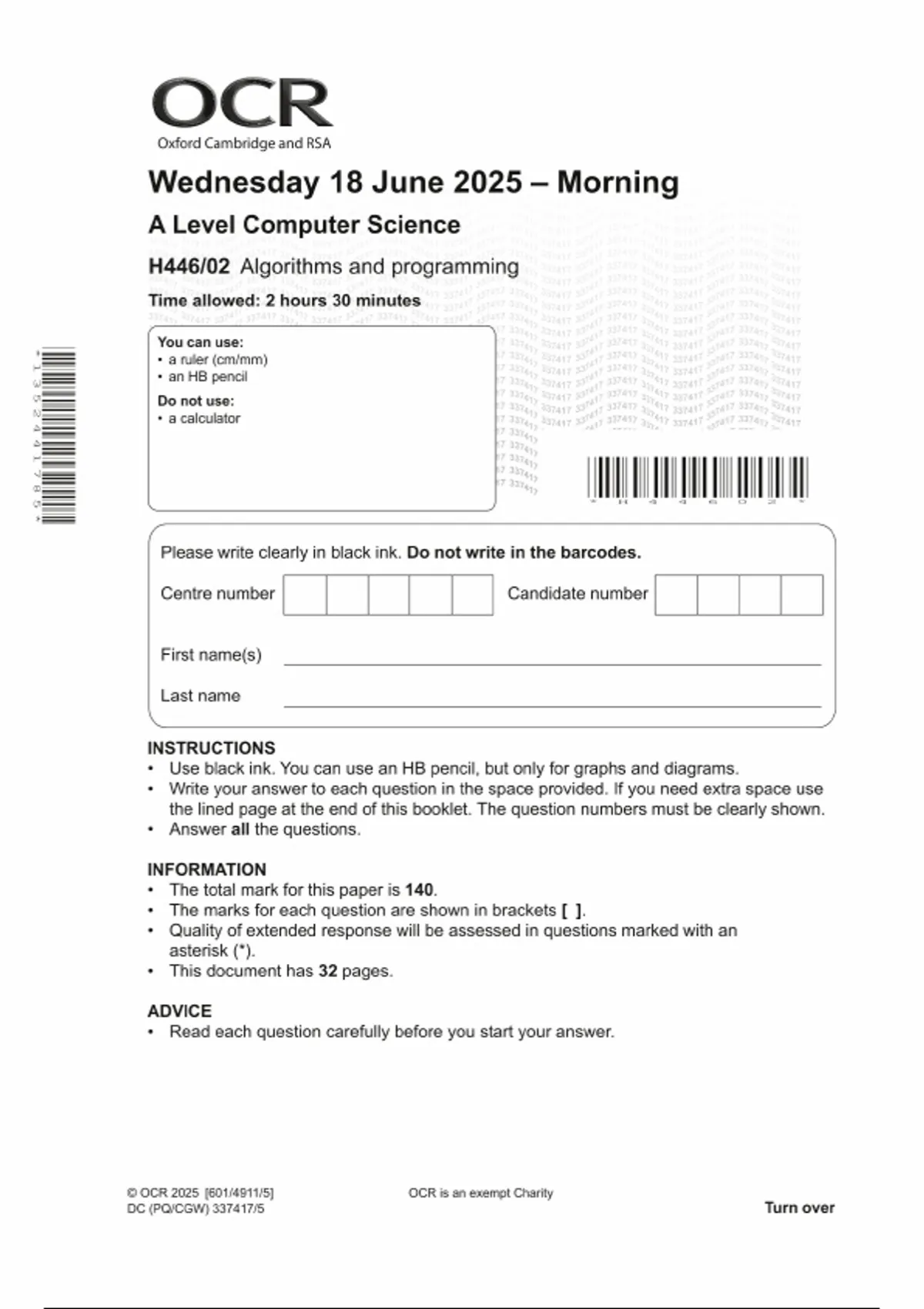 OCR A Level Computer Science Paper 2 (H446/02): Algorithms and Programming – QUESTION PAPER ...