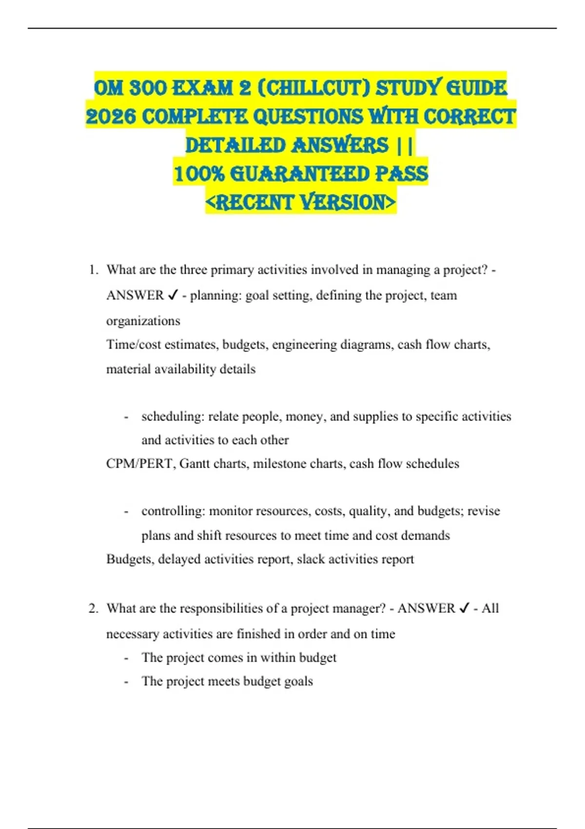 OM 300 EXAM 2 (Chillcut) STUDY GUIDE 2026 COMPLETE QUESTIONS WITH ...