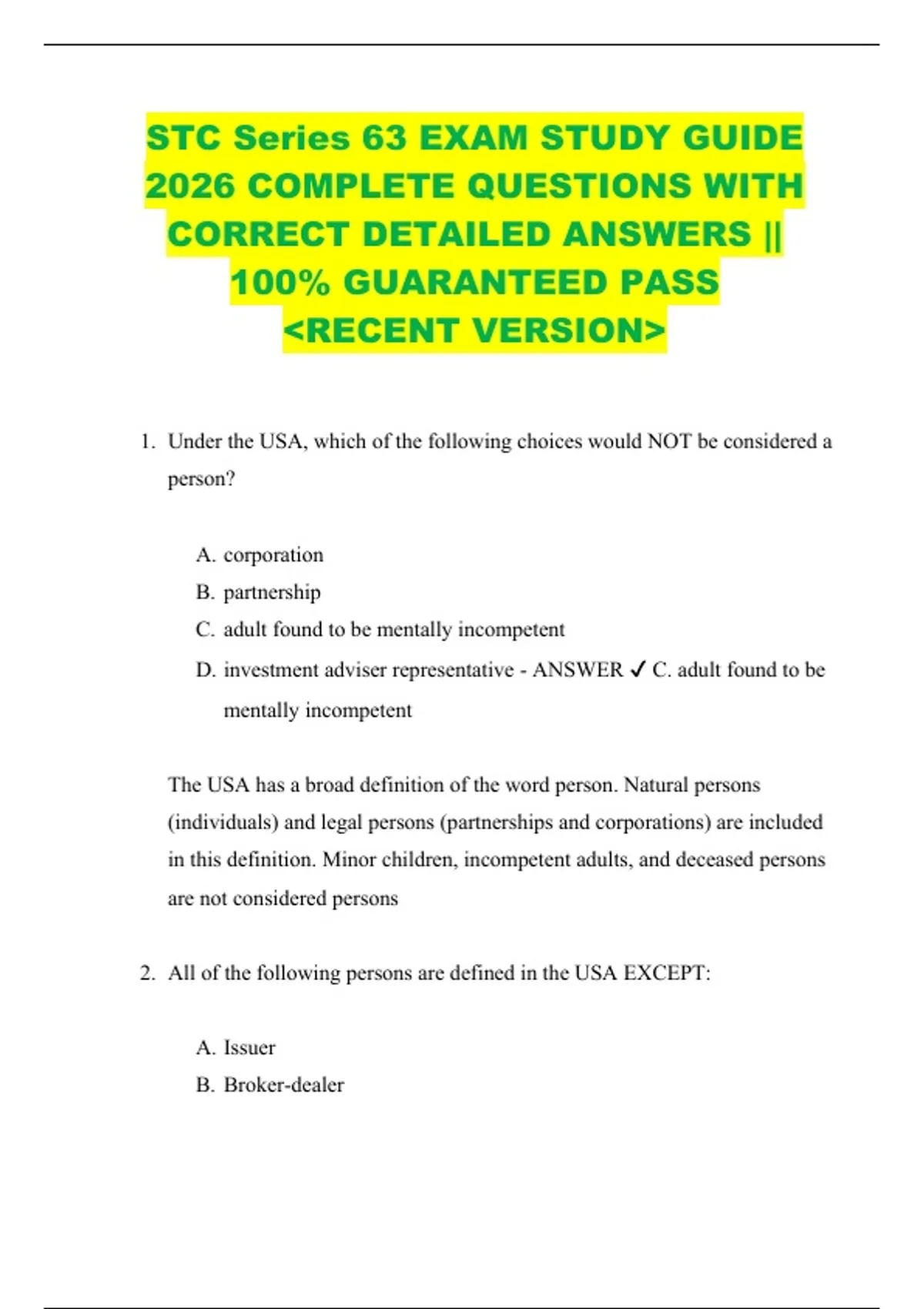 STC Series 63 EXAM STUDY GUIDE 2026 COMPLETE QUESTIONS WITH CORRECT ...