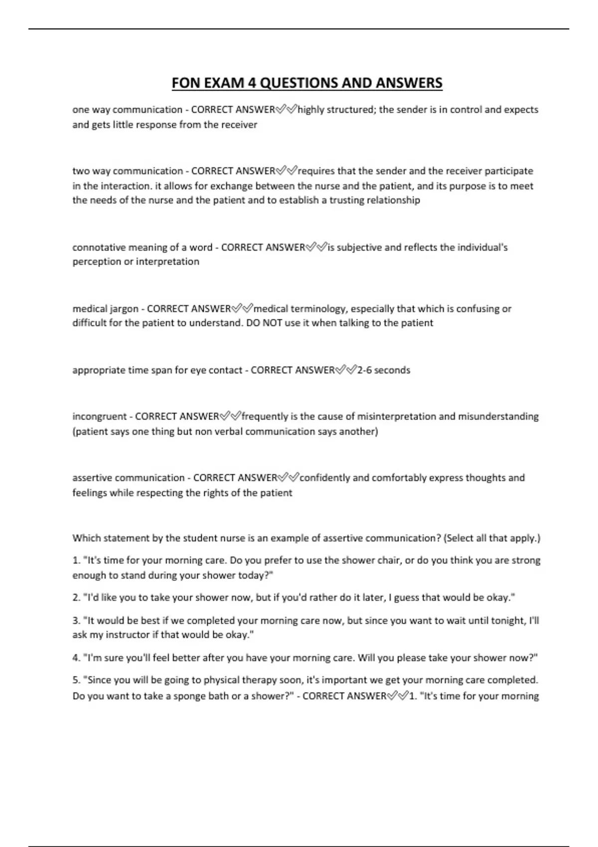 FON EXAM 4 QUESTIONS AND ANSWERS - FON - Stuvia US
