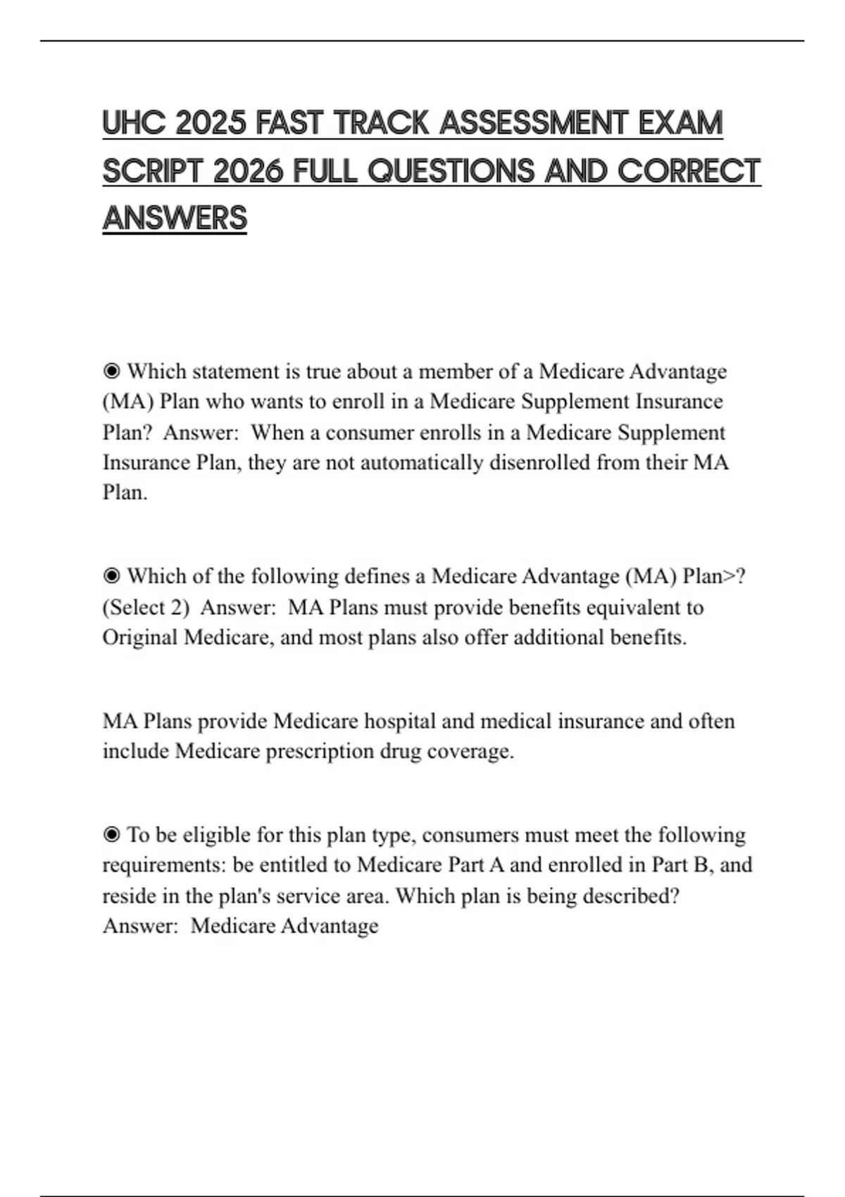 UHC 2025 FAST TRACK ASSESSMENT EXAM SCRIPT 2026 FULL QUESTIONS AND ...