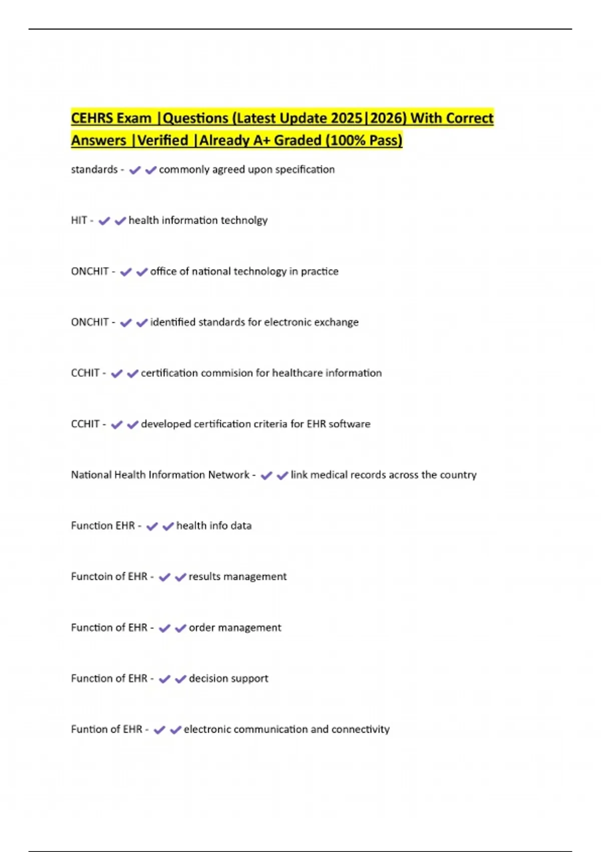 CEHRS Exam |Questions (Latest Update 2025|2026) With Correct Answers ...