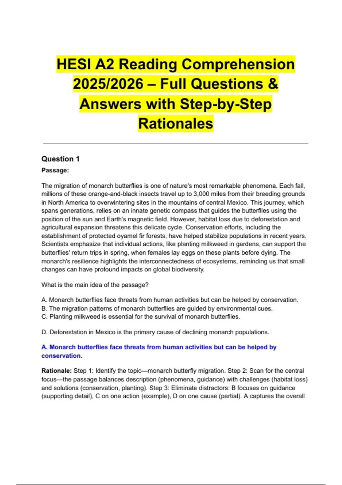 HESI A2 Reading Comprehension 2025/2026 – Full Questions & Answers with ...