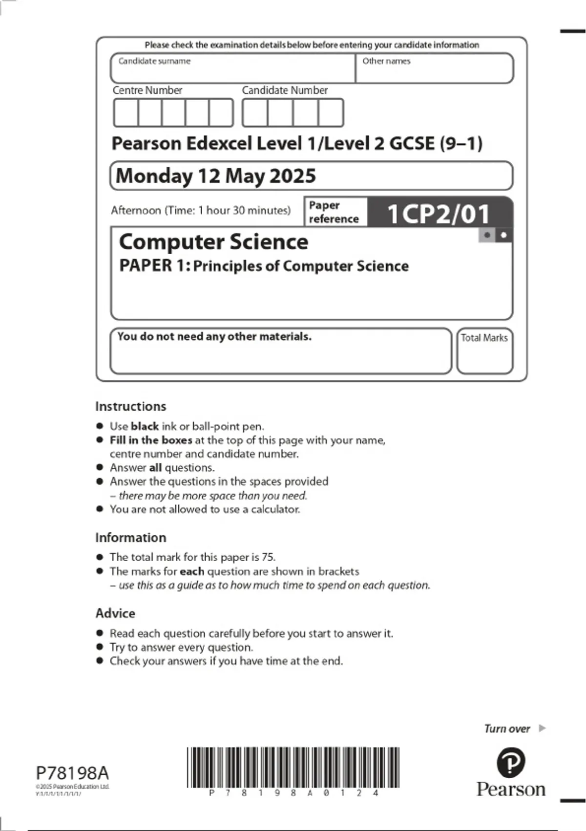 Pearson Edexcel Level 1/Level 2 GCSE (9–1) Computer Science PAPER 1 ...