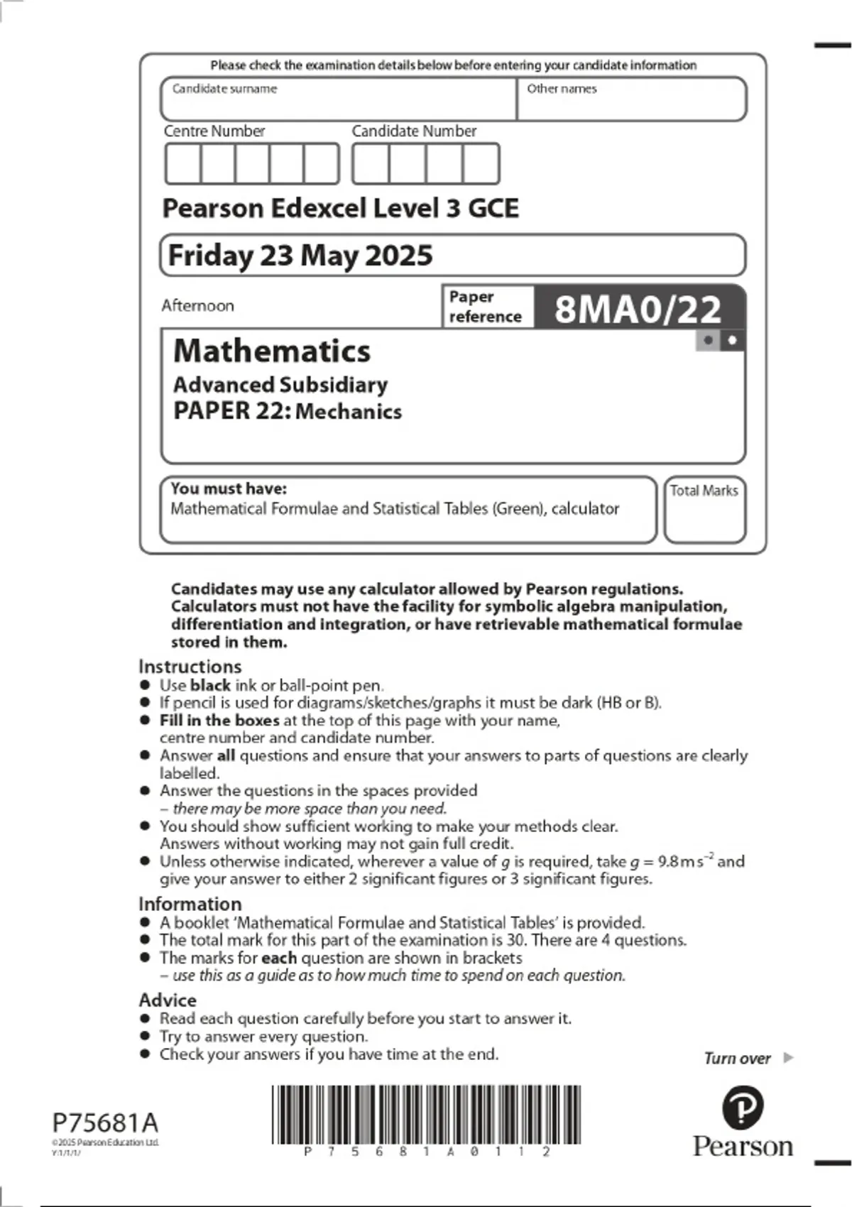 Pearson Edexcel Level 3 GCE Mathematics Advanced Subsidiary PAPER 22 ...