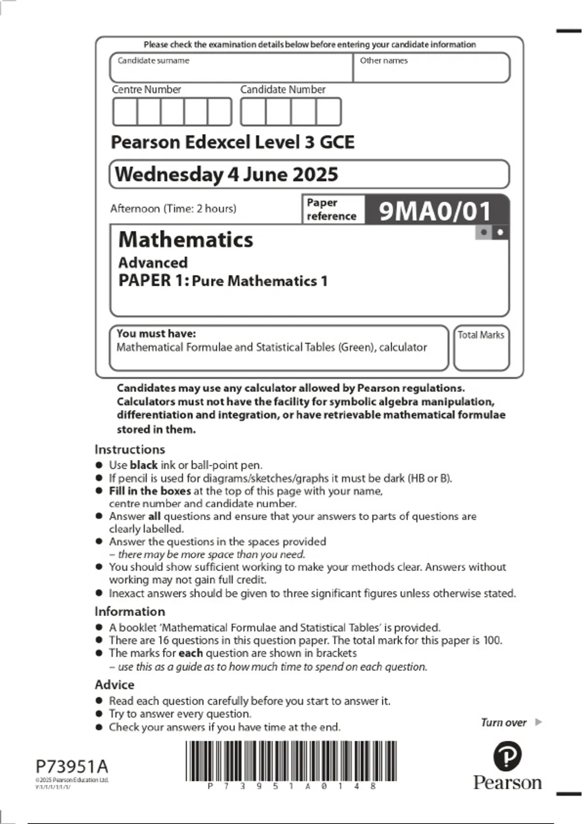 Pearson Edexcel Level 3 GCE Mathematics Advanced PAPER 1: Pure ...