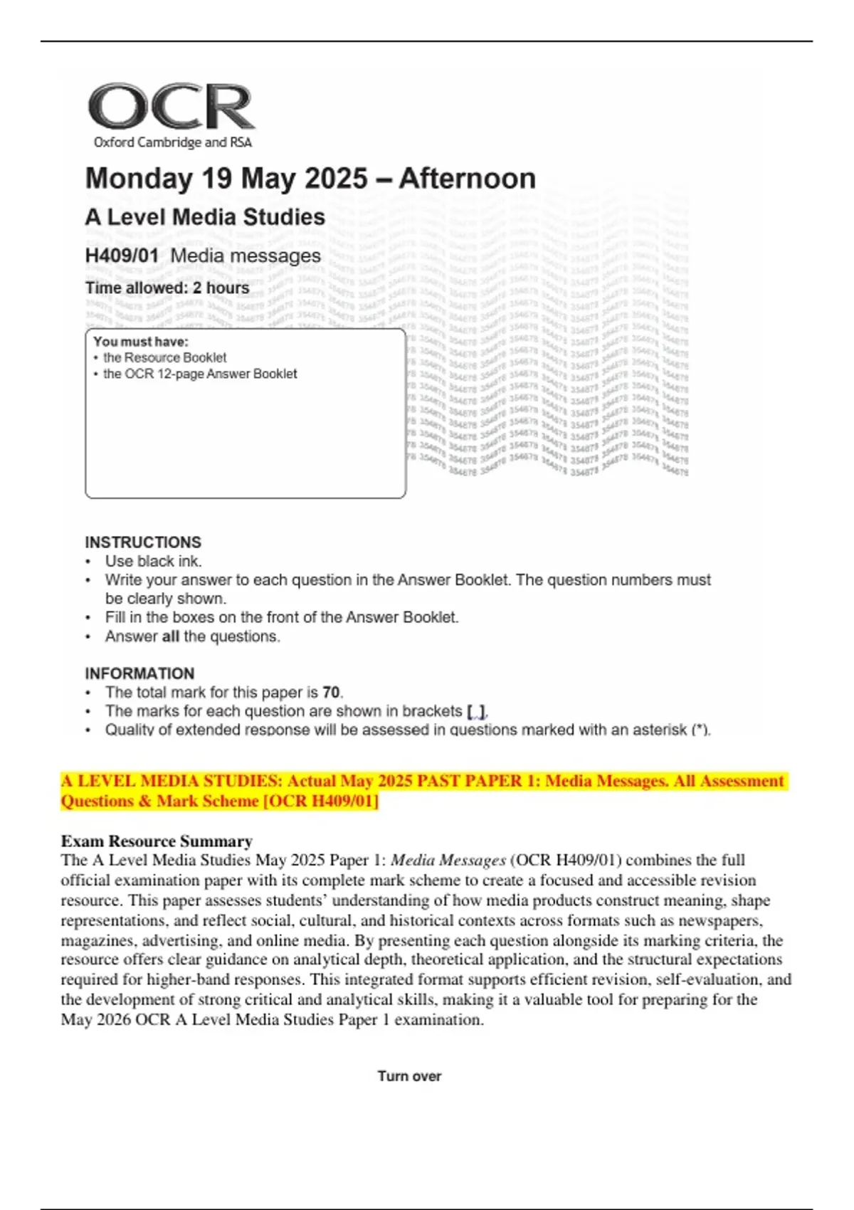 A LEVEL MEDIA STUDIES: Actual May 2025 PAST PAPER 1: Media Messages ...