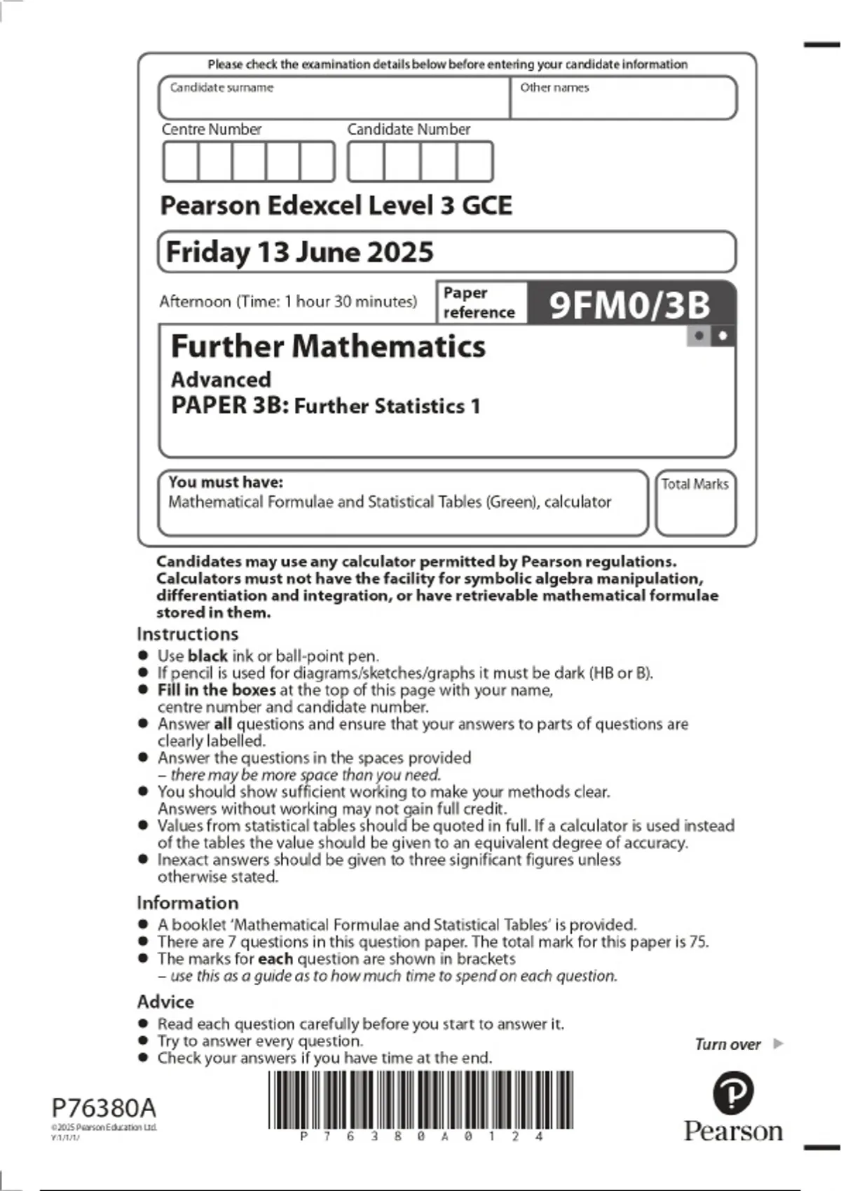 Pearson Edexcel Level 3 GCE Further Mathematics Advanced PAPER 3B ...