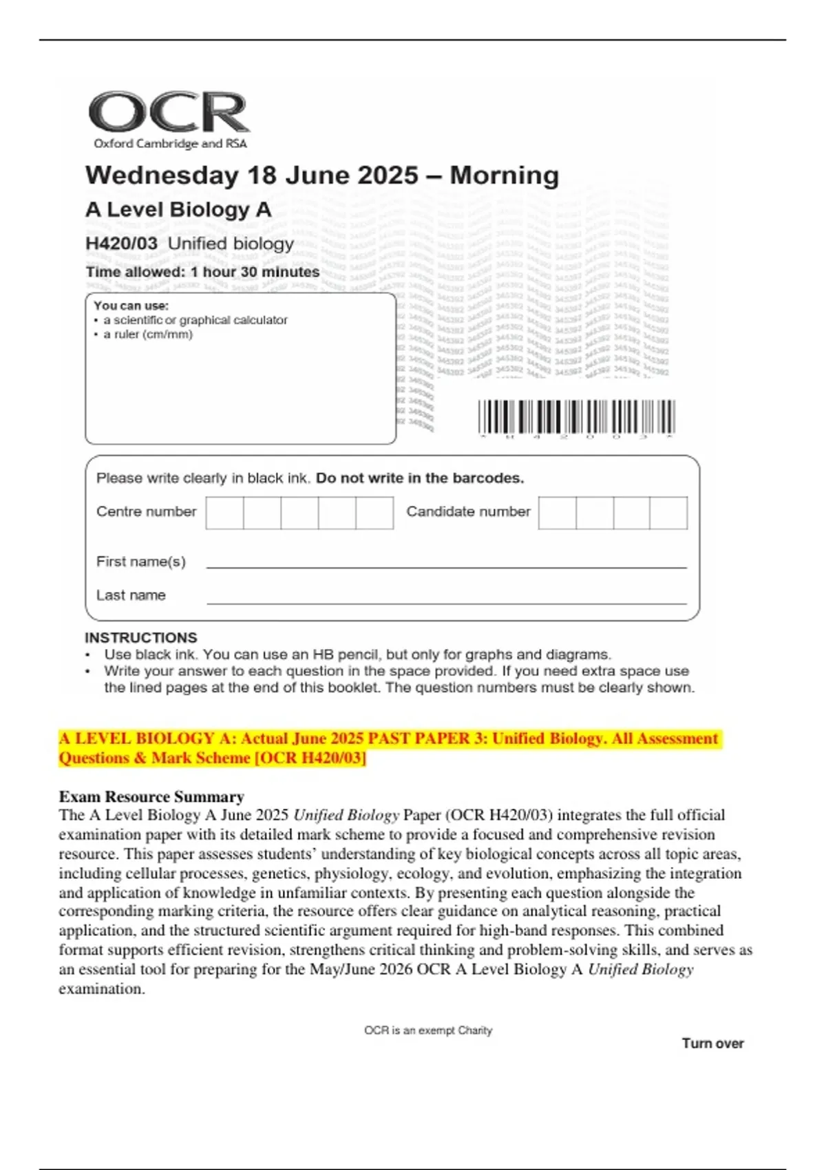 A LEVEL BIOLOGY A: Actual June 2025 PAST PAPER 3: Unified Biology. All ...