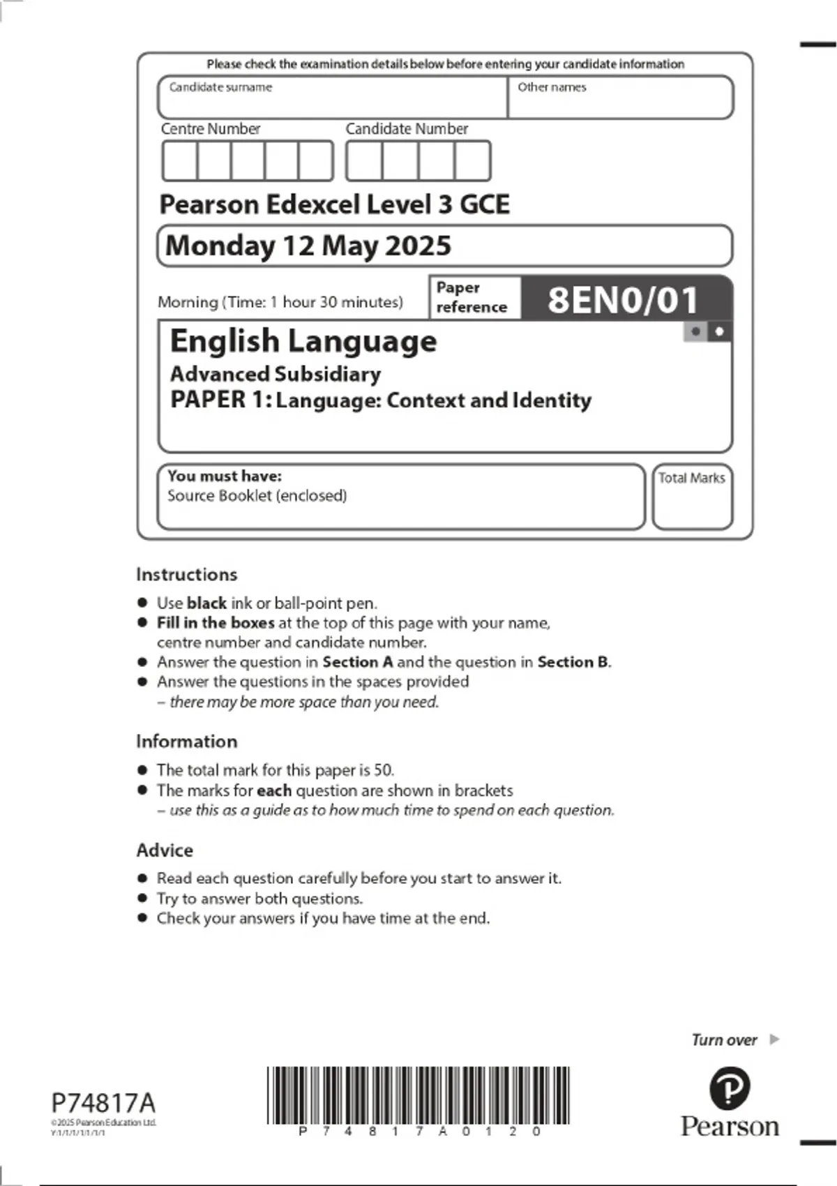 Pearson Edexcel Level 3 GCE English Language Advanced Subsidiary PAPER ...