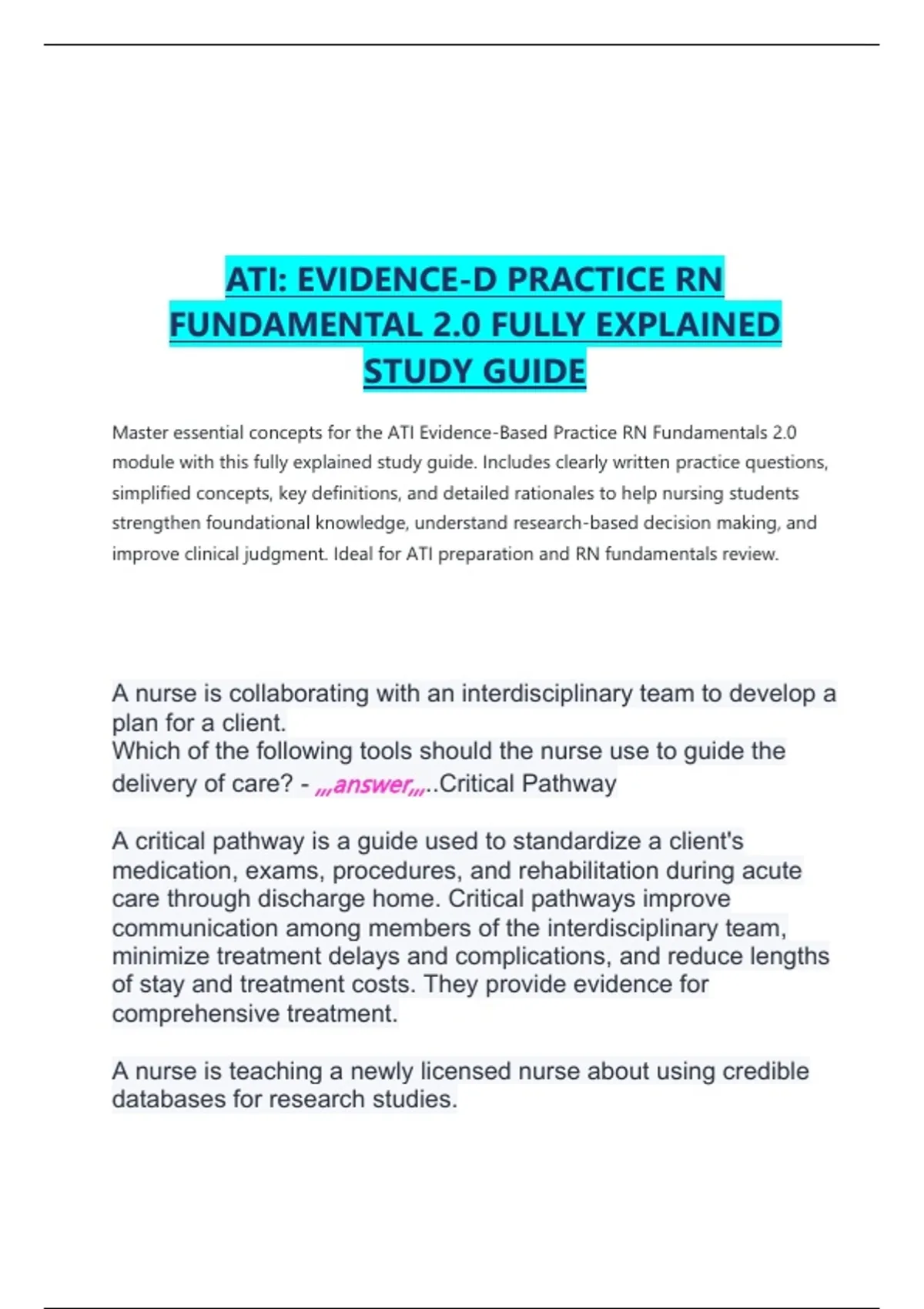 ATI: EVIDENCE-D PRACTICE RN FUNDAMENTAL 2.0 FULLY EXPLAINED STUDY GUIDE ...