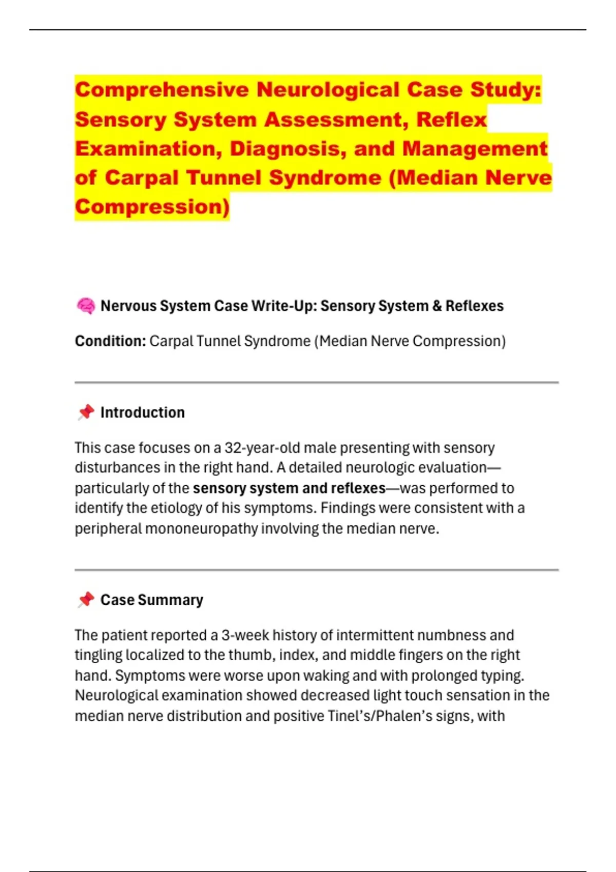 Comprehensive Neurological Case Study: Sensory System Assessment ...