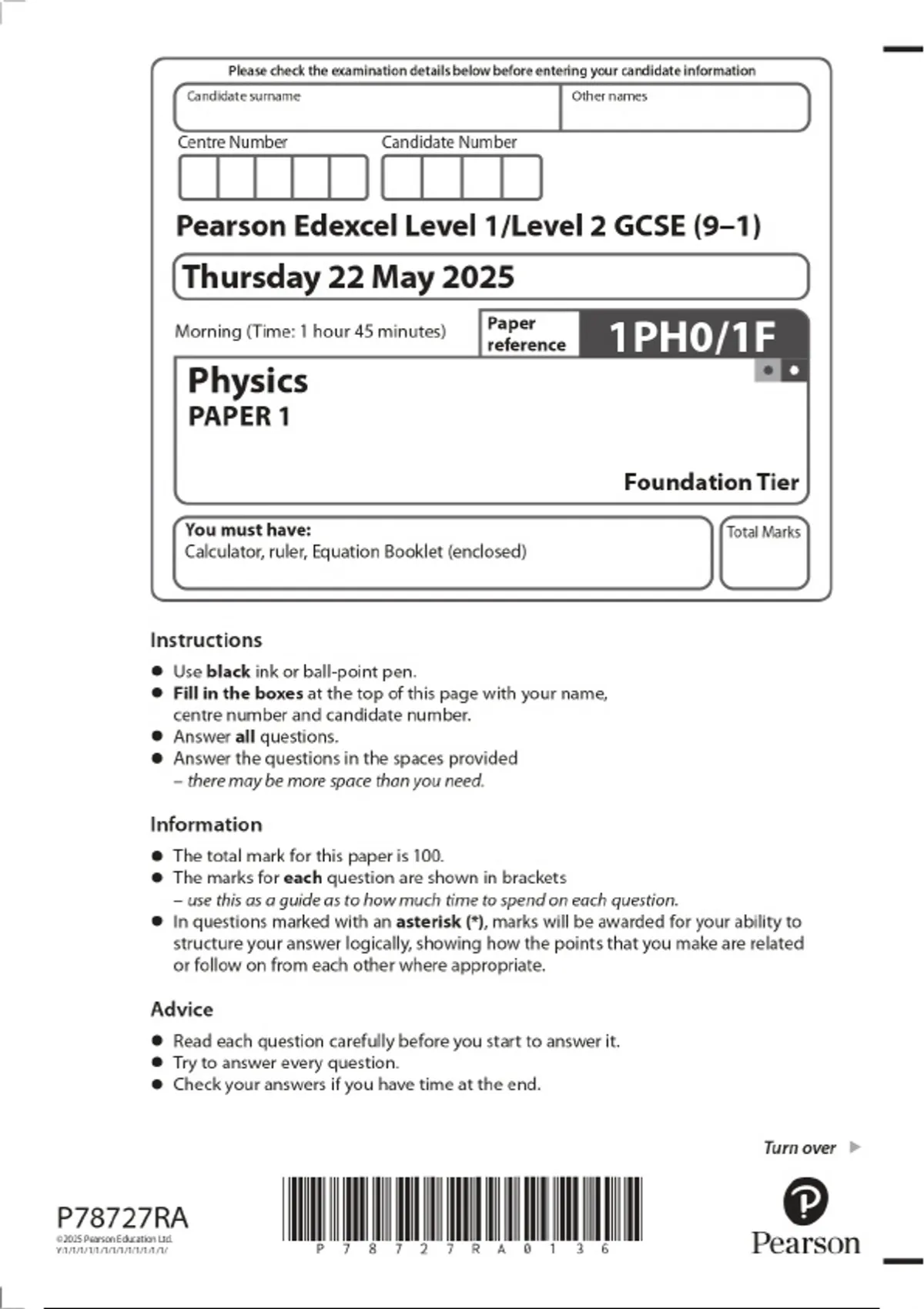 Pearson Edexcel Level 1/Level 2 GCSE (9–1) Physics PAPER 1 Foundation Tier 2025 Combined ...