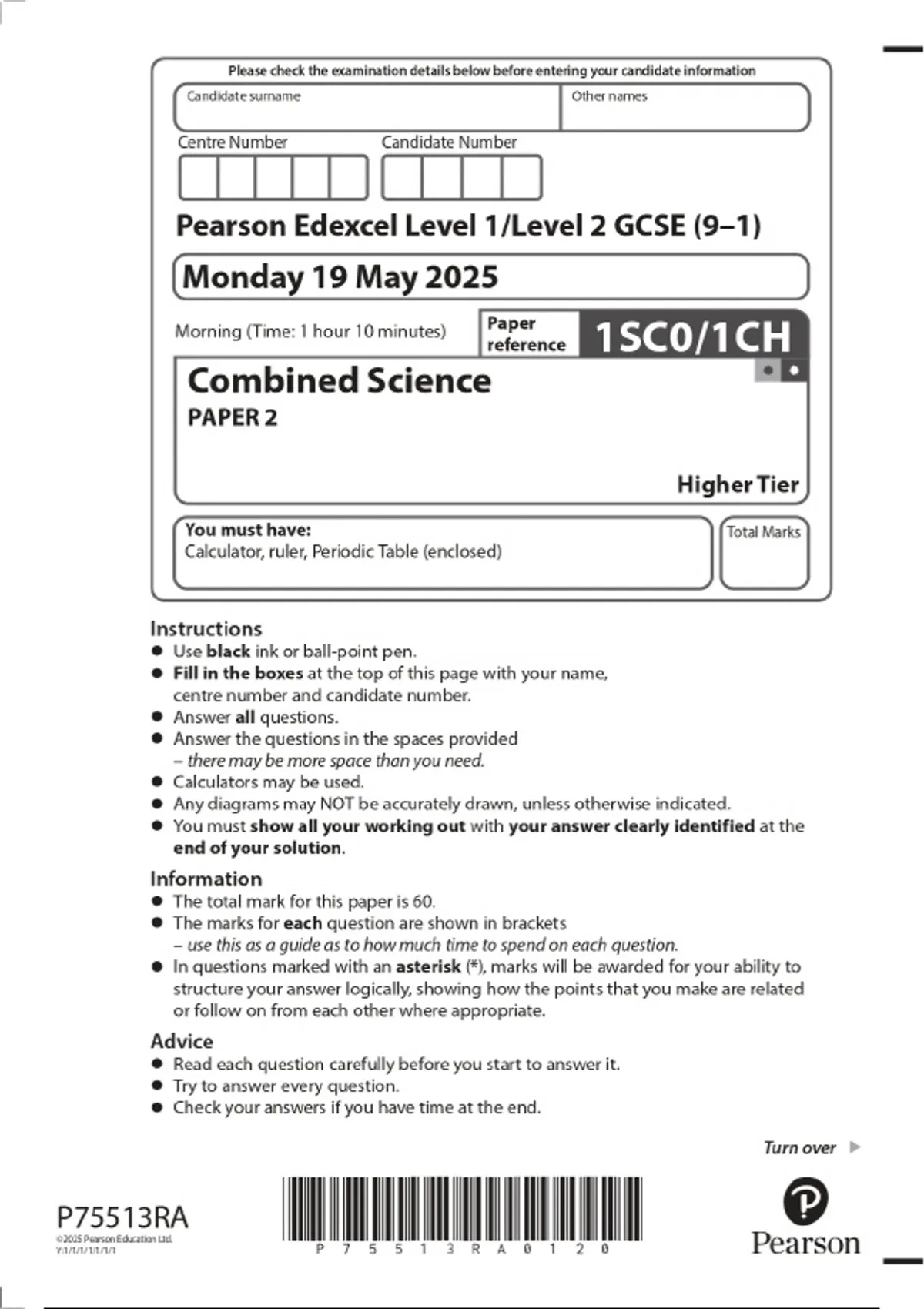 Pearson Edexcel Level 1/Level 2 GCSE (9–1) Combined Science PAPER 2 ...