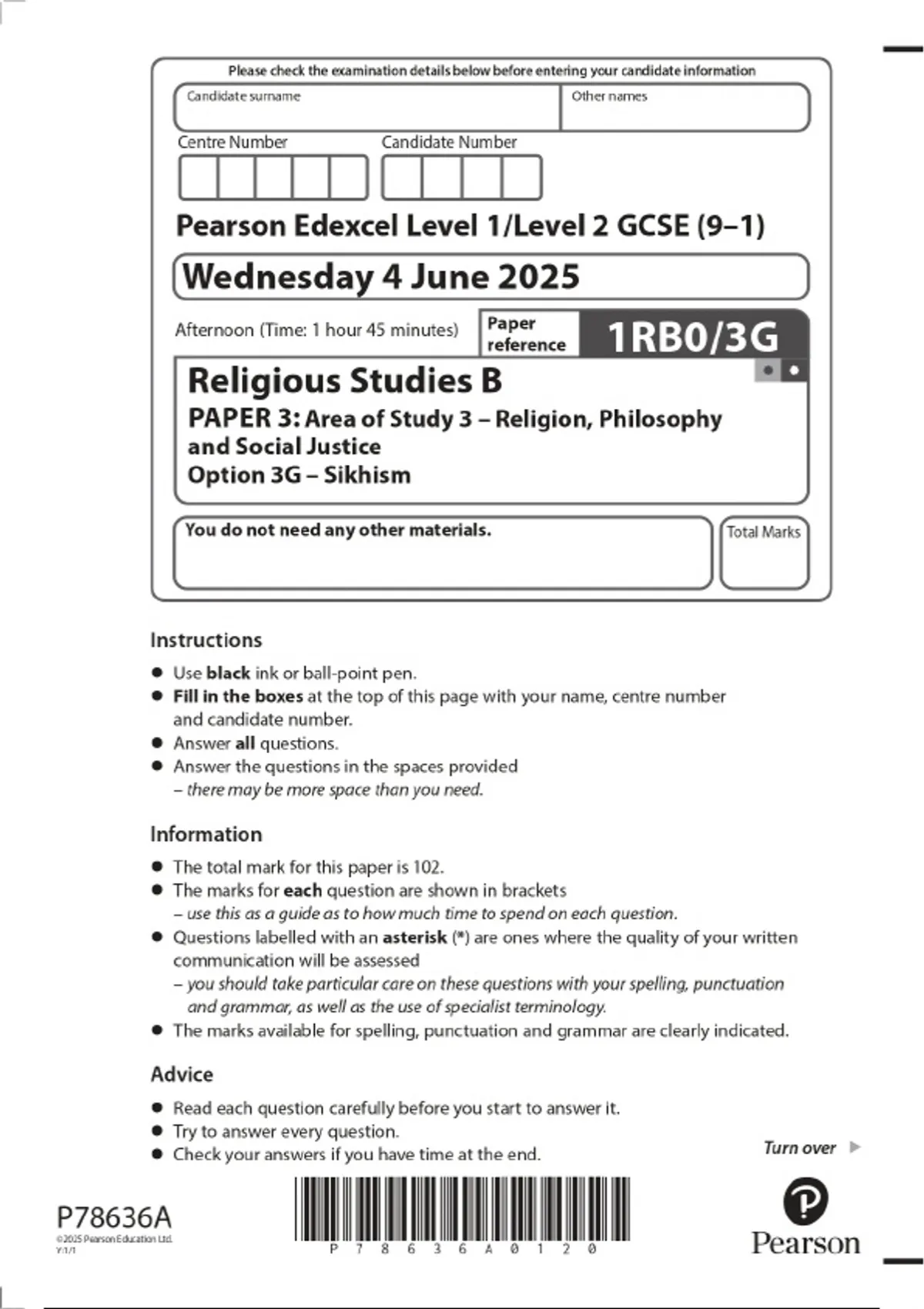 Pearson Edexcel Level 1/Level 2 GCSE (9–1) Religious Studies B PAPER 3 ...