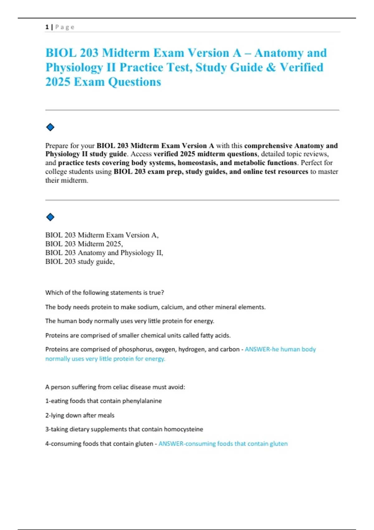 BIOL 203 Midterm Exam Version A – Anatomy and Physiology II Practice ...