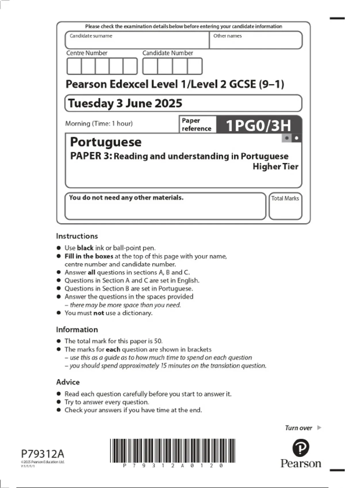 Pearson Edexcel Level 1/Level 2 GCSE (9–1) Portuguese PAPER 3: Reading ...