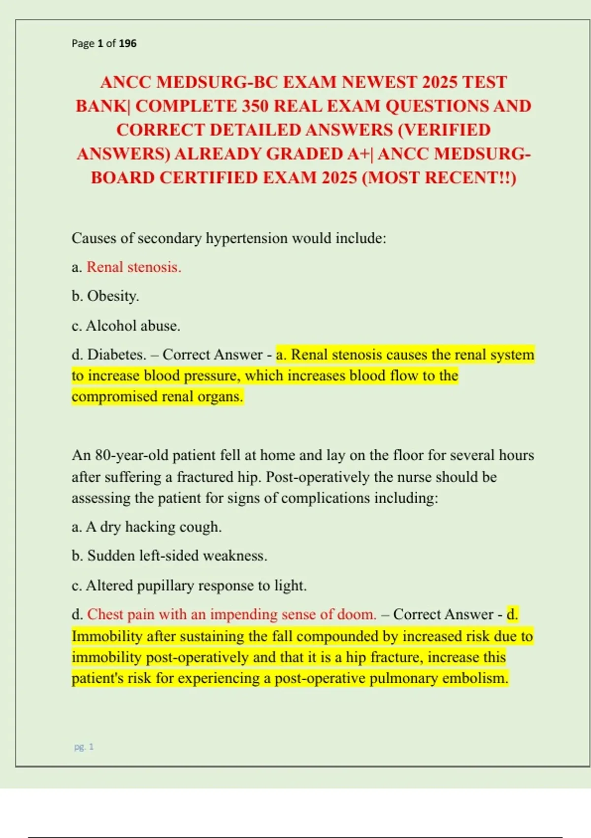 ANCC MEDSURG-BC EXAM NEWEST 2025 TEST BANK| COMPLETE 350 REAL EXAM ...