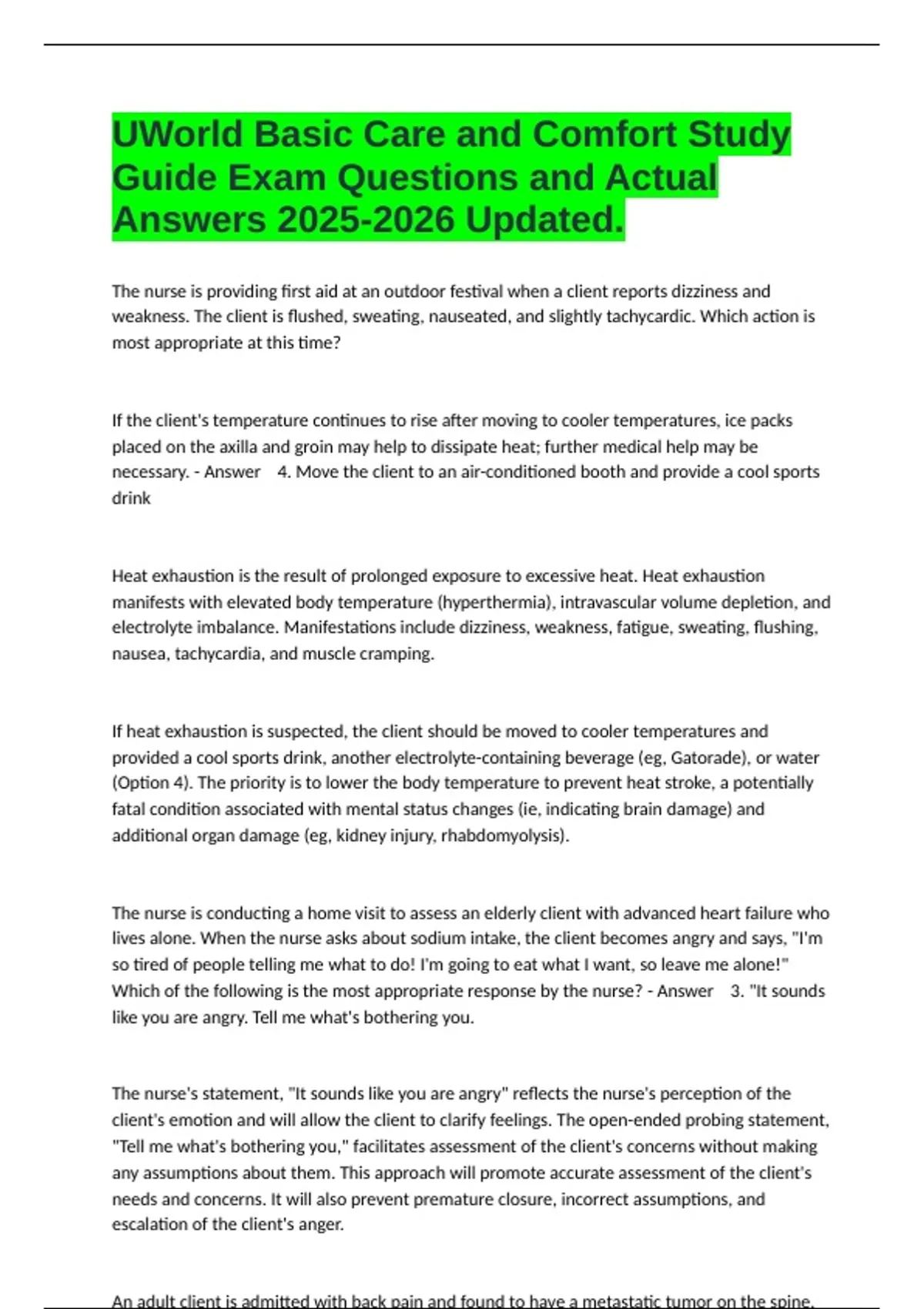 UWorld Basic Care and Comfort Study Guide Exam Questions and Actual ...