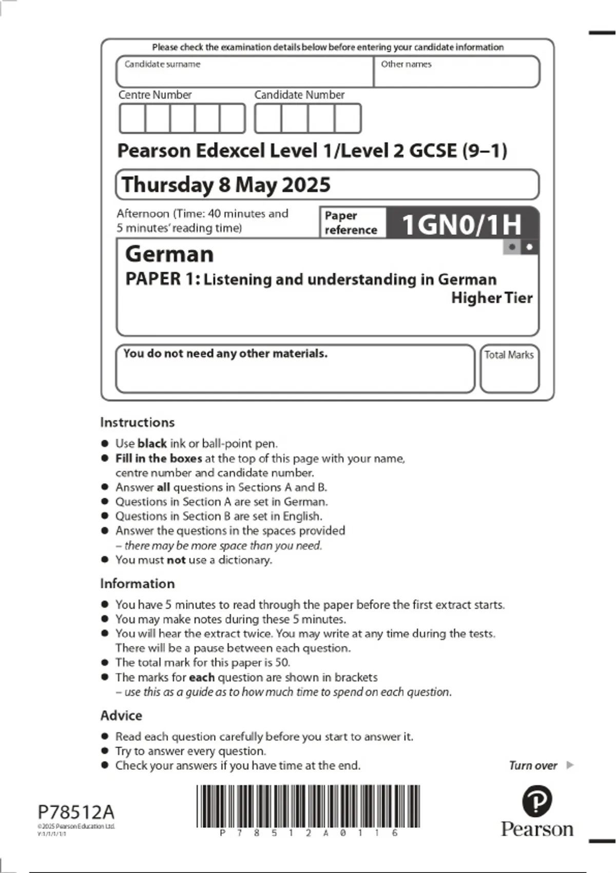 Pearson Edexcel Level1/Level 2 GCSE (9–1) German PAPER 1: Listening and ...
