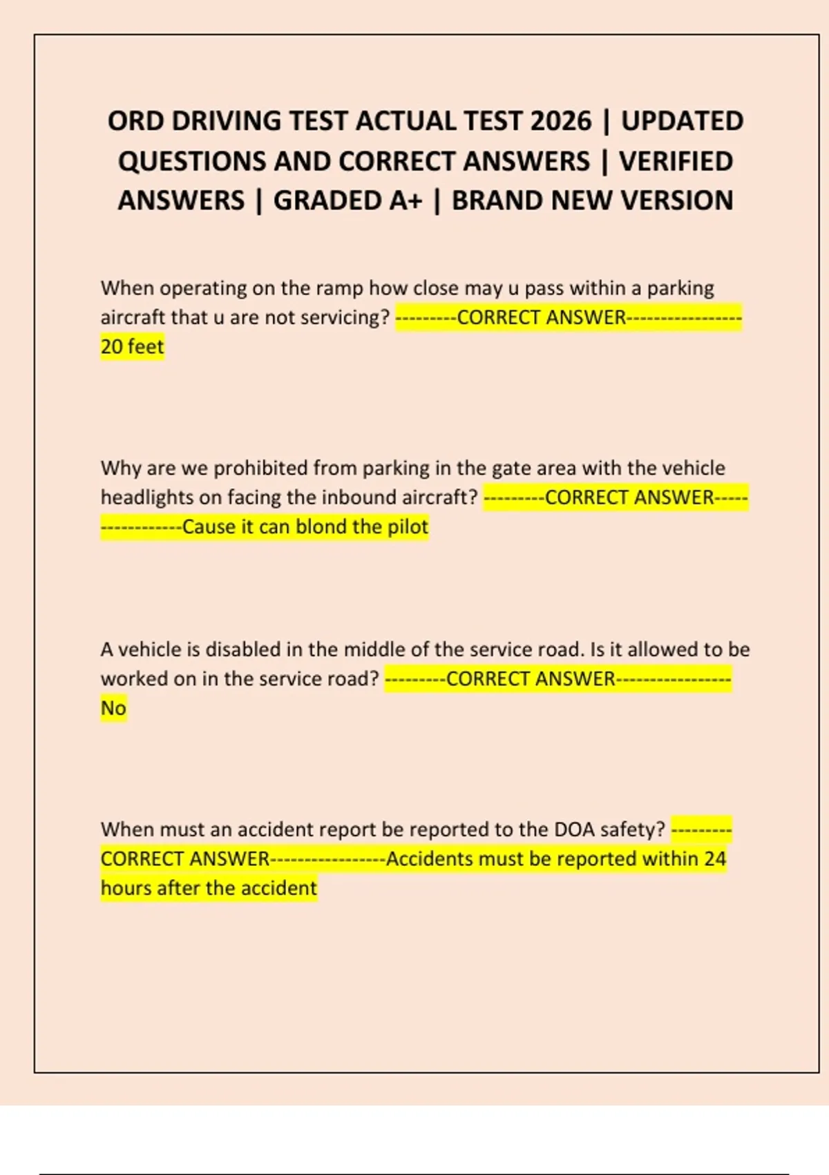 ORD DRIVING TEST ACTUAL TEST 2026 | UPDATED QUESTIONS AND CORRECT ...