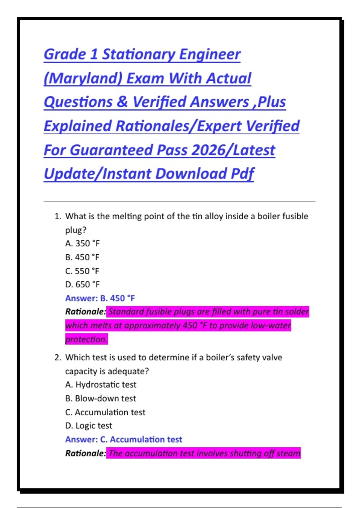 Grade 1 Stationary Engineer (Maryland) Exam With Actual Questions & Verified Answers ,Plus ...