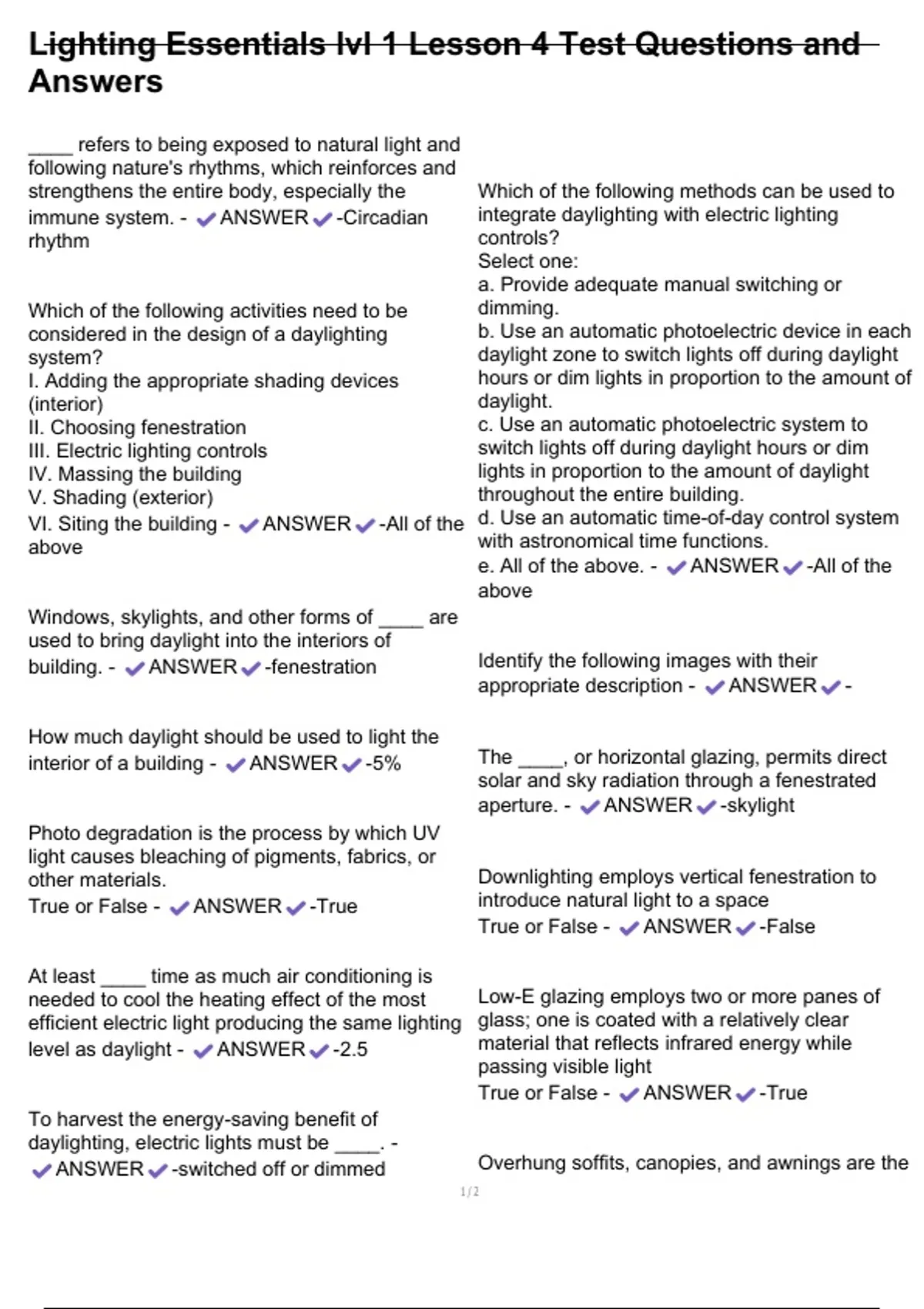 Lighting Essentials lvl 1 Lesson 4 Test Questions and Answers ...