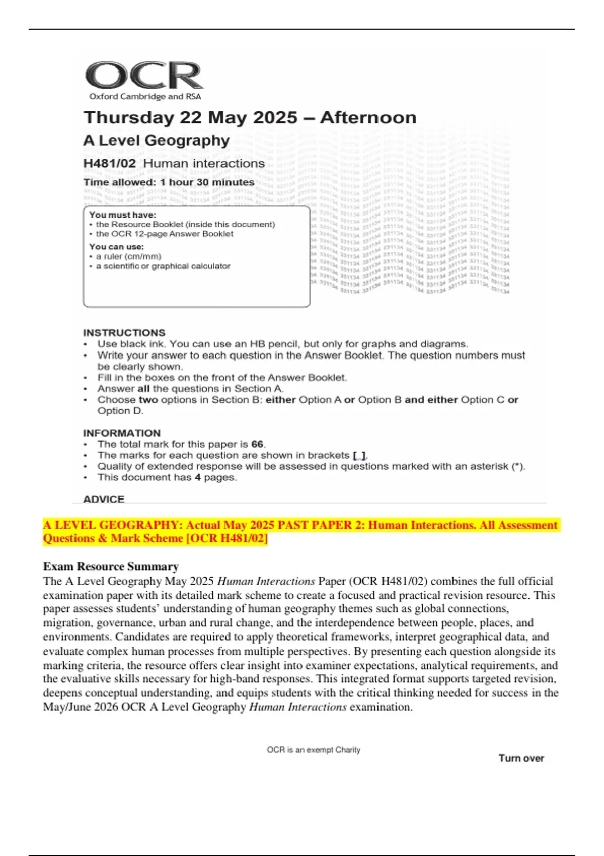 A LEVEL GEOGRAPHY: Actual May 2025 PAST PAPER 2: Human Interactions ...