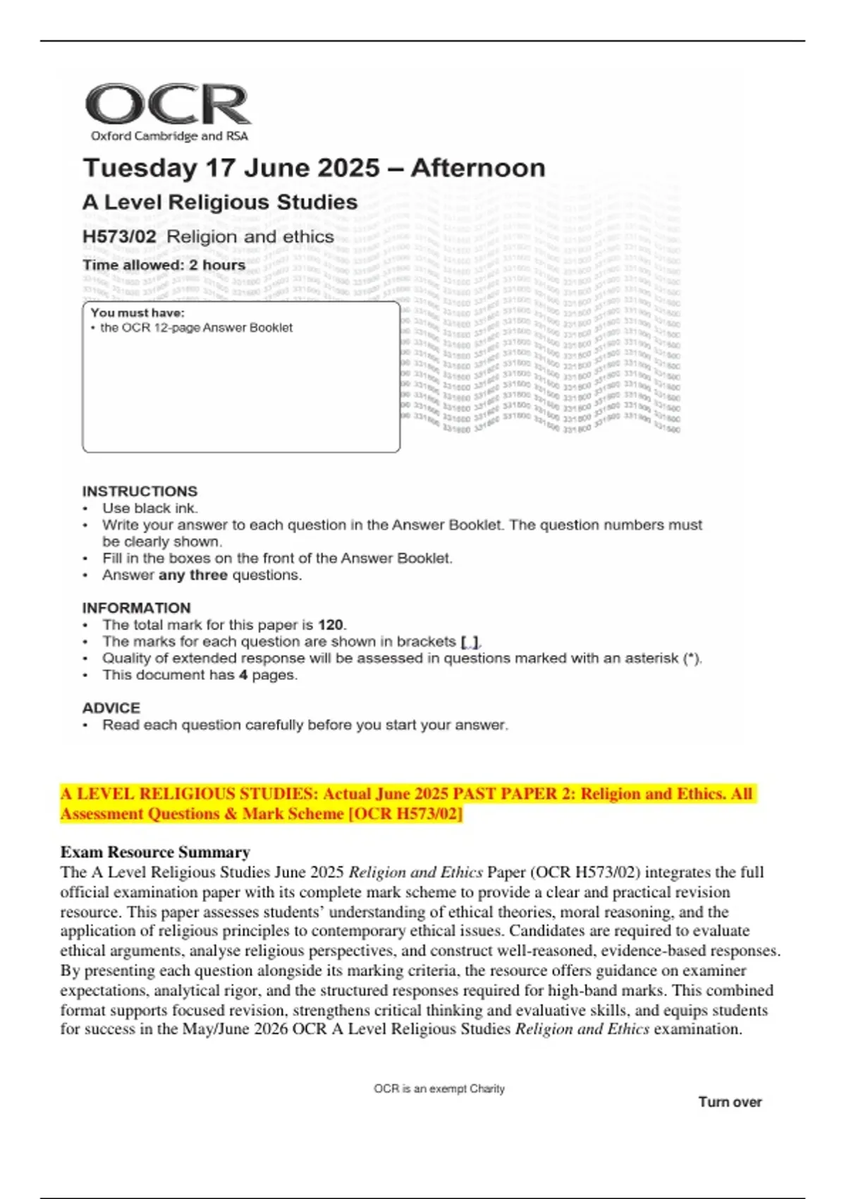 A LEVEL RELIGIOUS STUDIES: Actual June 2025 PAST PAPER 2: Religion and ...