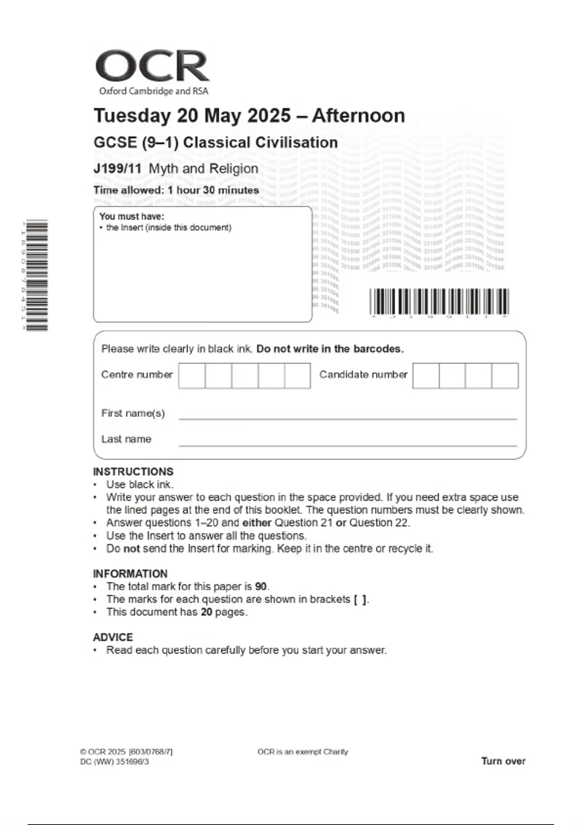 OCR GCSE (9–1) Classical Civilisation J199/11 Myth and Religion MAY 2025 Combined Question Paper ...