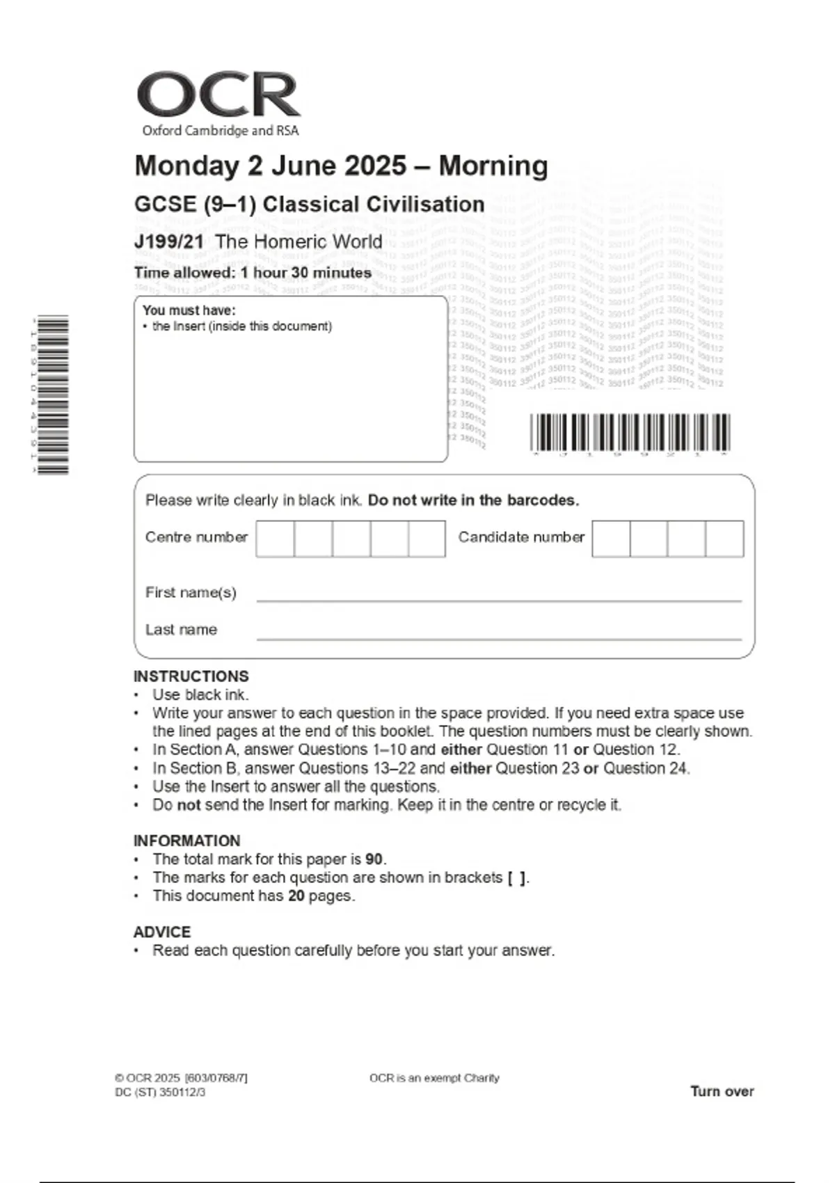 OCR GCSE (9–1) Classical Civilisation J199/21 The Homeric World JUNE ...