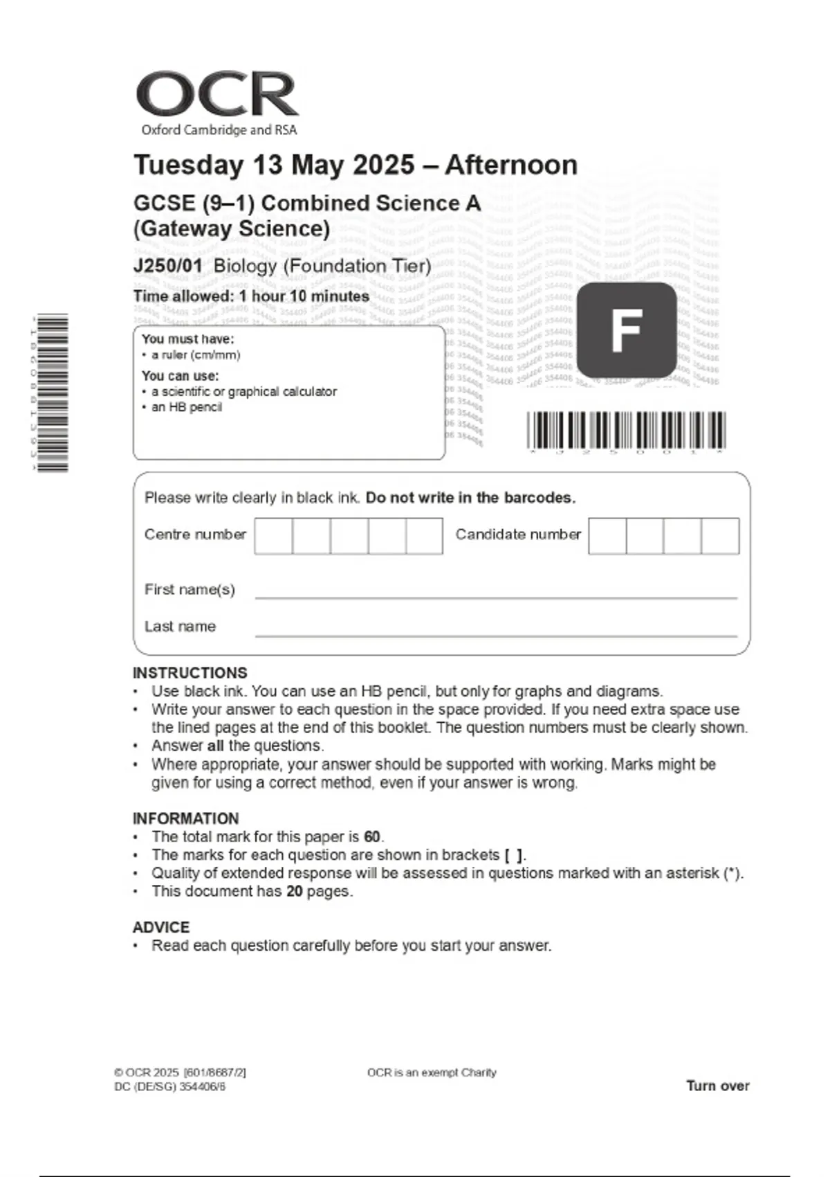 OCR GCSE (9–1) Combined Science A (Gateway Science) J250/01 Biology ...