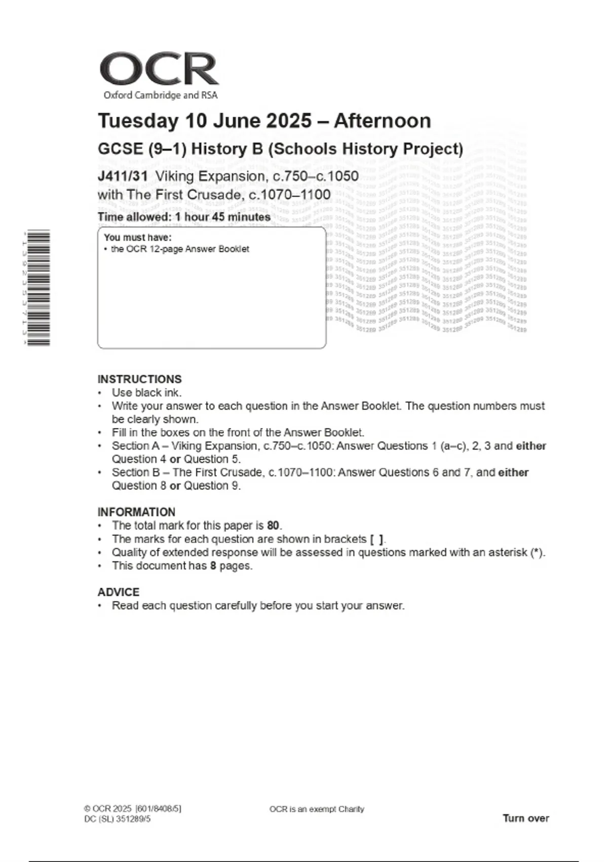 OCR GCSE (9–1) History B (Schools History Project) J411/31 Viking ...