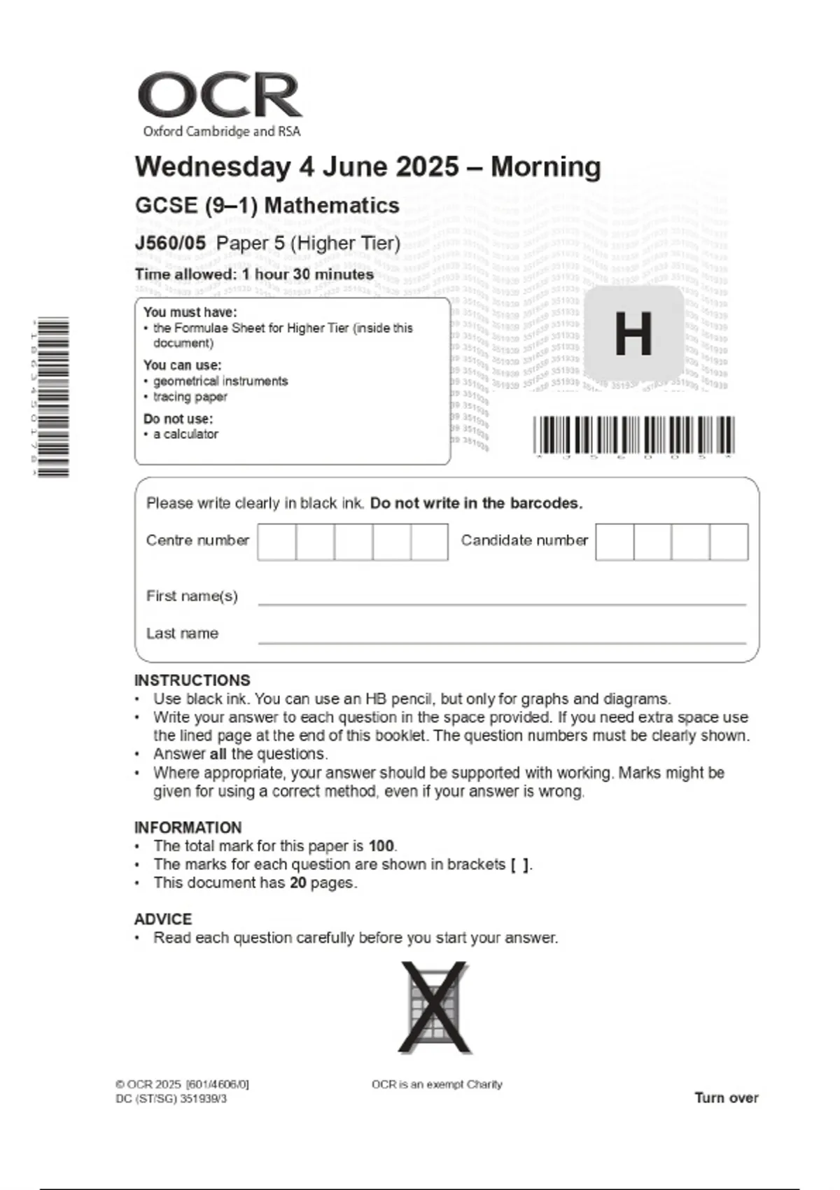 OCR GCSE (9–1) Mathematics J560/05 Paper 5 (Higher Tier) JUNE 2025 ...