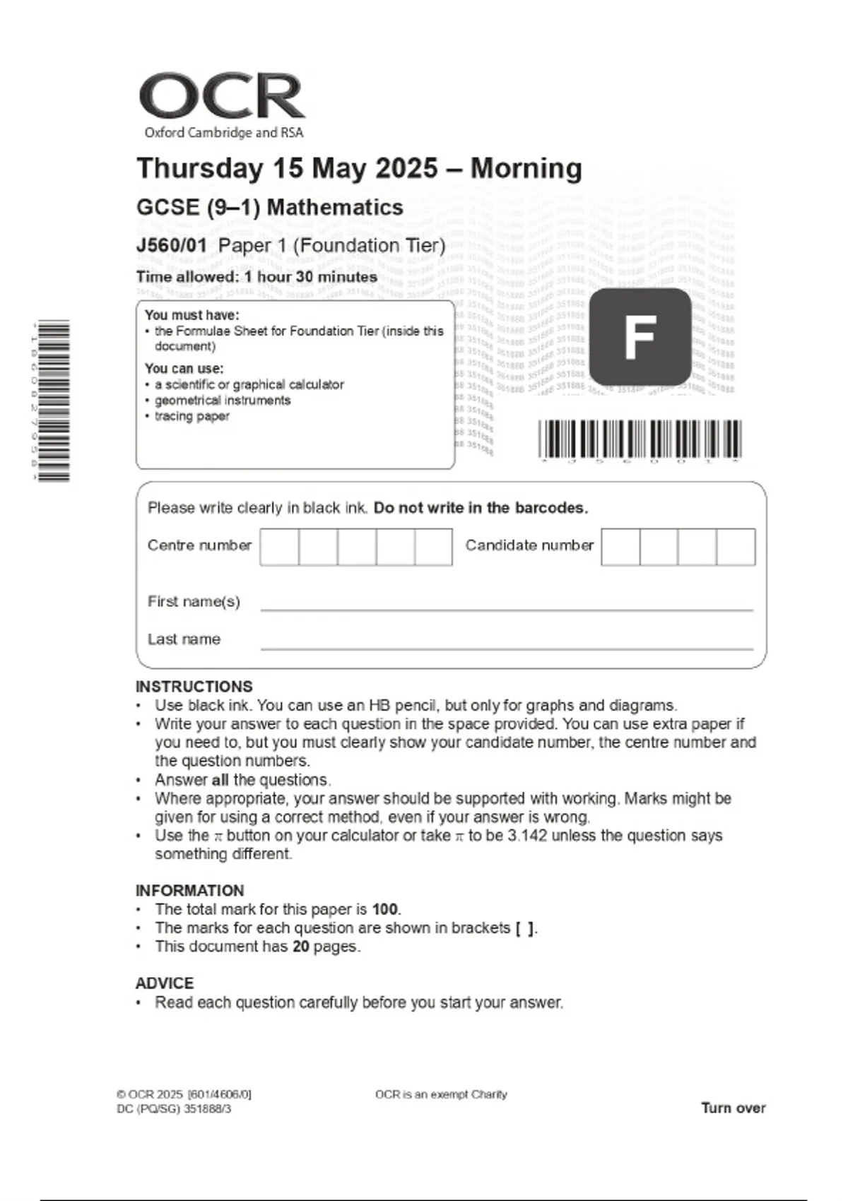 OCR GCSE (9–1) Mathematics J560/01 Paper 1 (Foundation Tier) MAY 2025 ...
