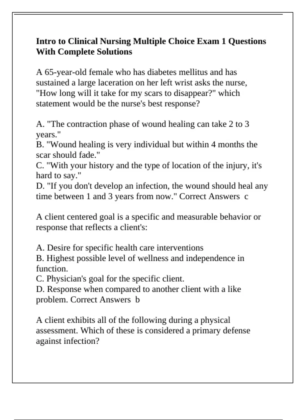 Intro to Clinical Nursing Multiple Choice Exam 1 Questions With ...