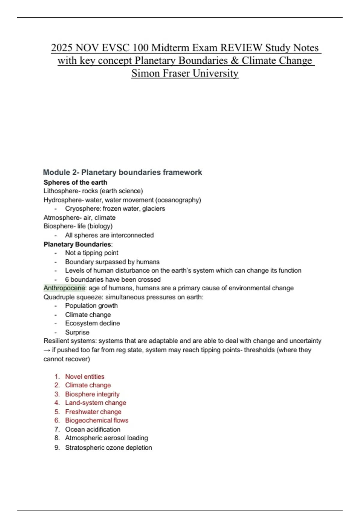 2025 NOV EVSC 100 Midterm Exam REVIEW Study Notes with key concept ...